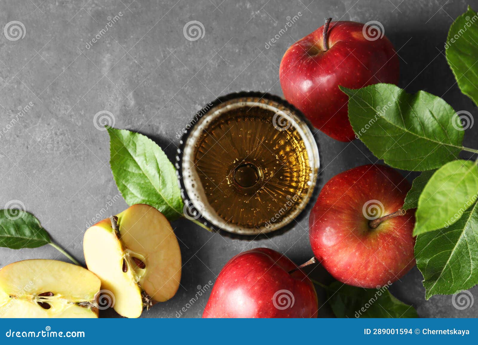 Flat Lay Composition with Delicious Apple Cider on Gray Table Stock ...