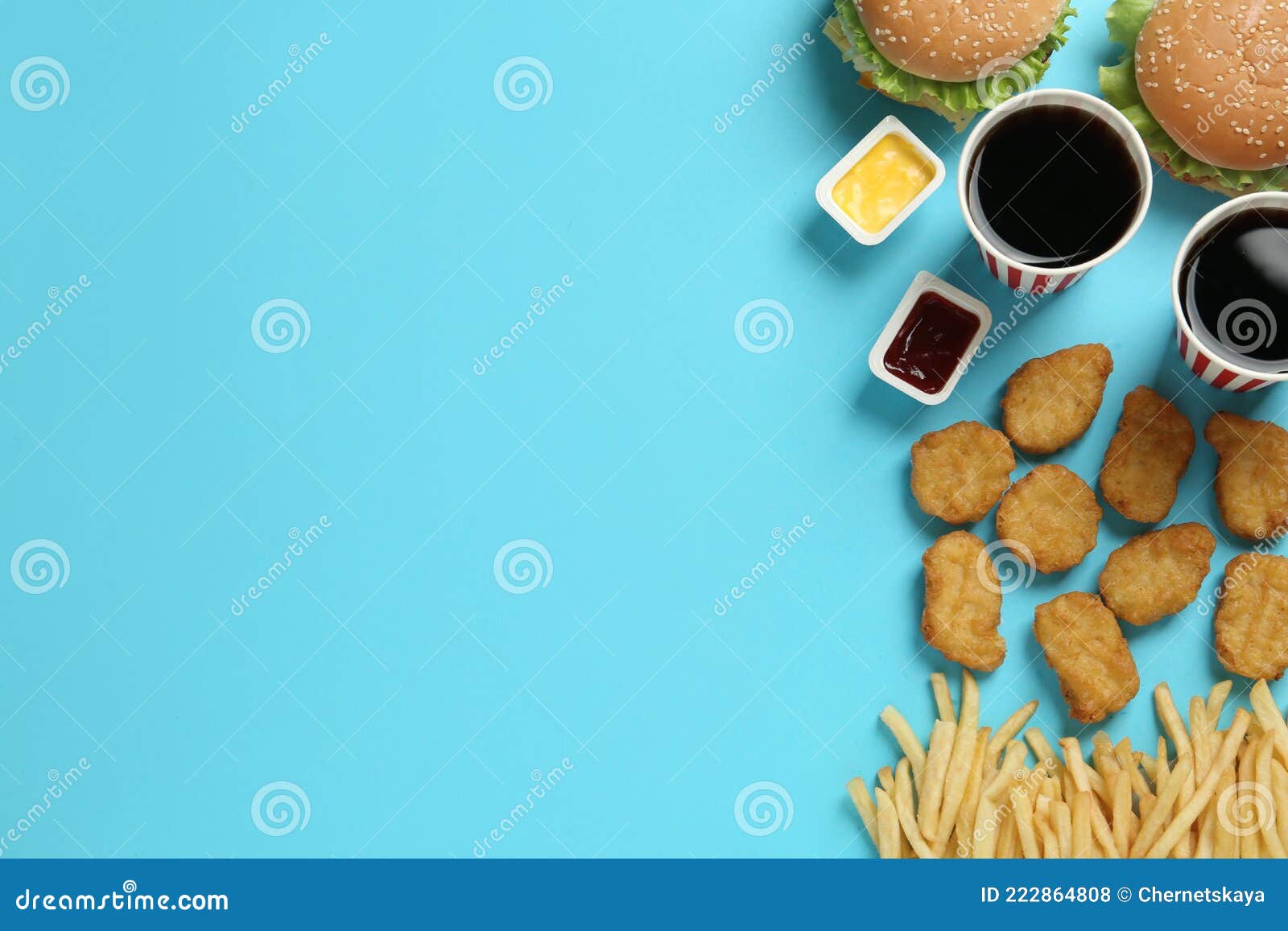 Flat Lay Composition with Delicious Fast Food Menu on Light Blue ...