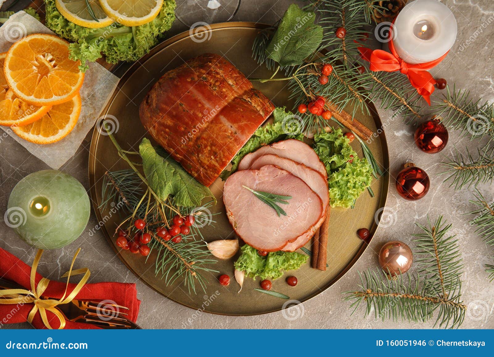 Flat Lay Composition with Delicious Ham on Table. Christmas Dinner ...
