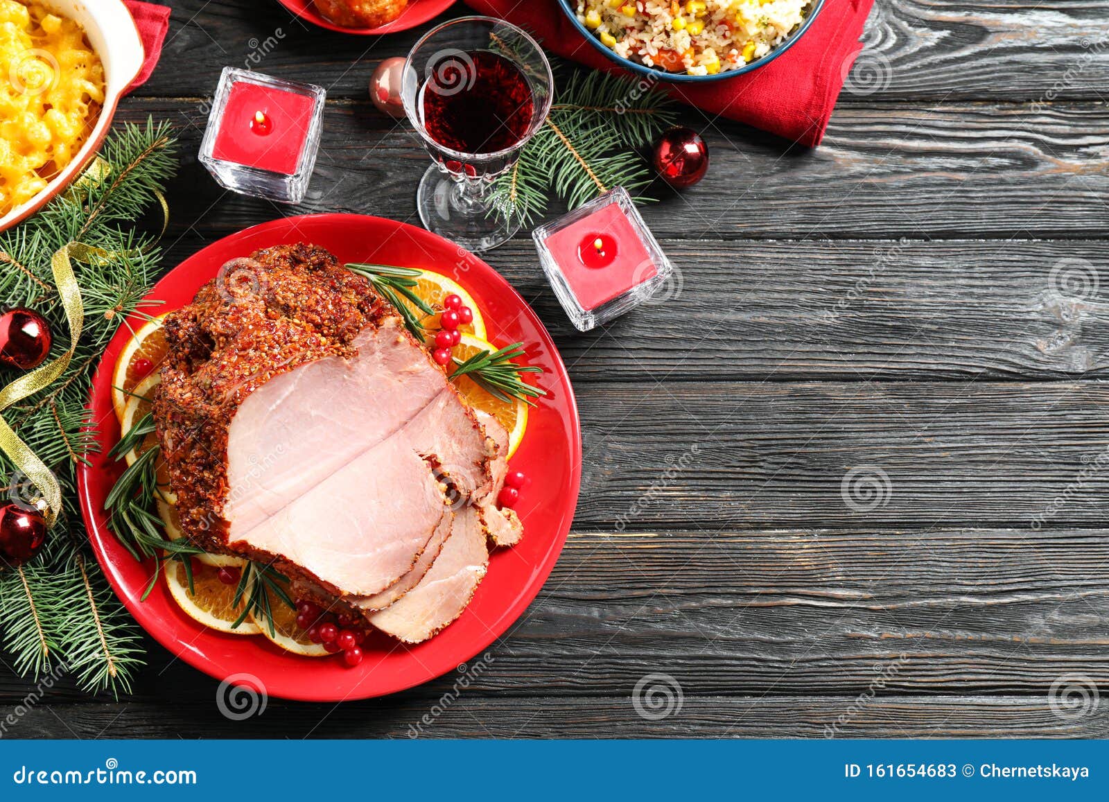 Flat Lay Composition with Delicious Ham Served on Wooden Table, Space ...