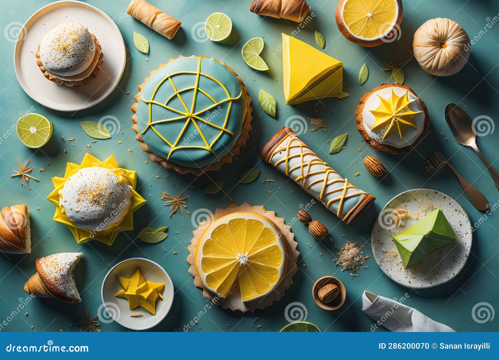 Flat Lay Composition with Delicious Lemon Cakes on Color Background ...