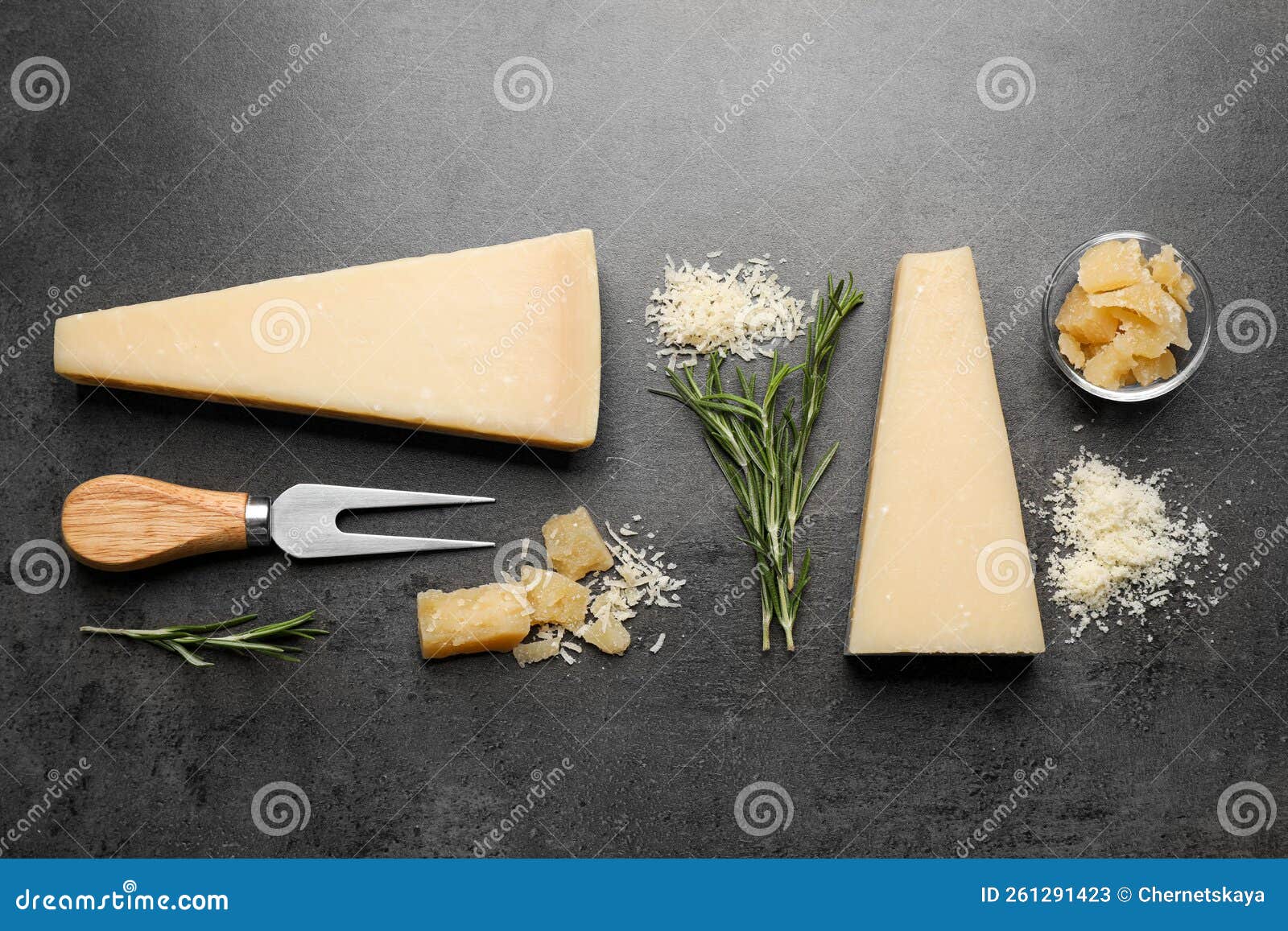 Flat Lay Composition with Delicious Parmesan Cheese on Dark Grey Table ...