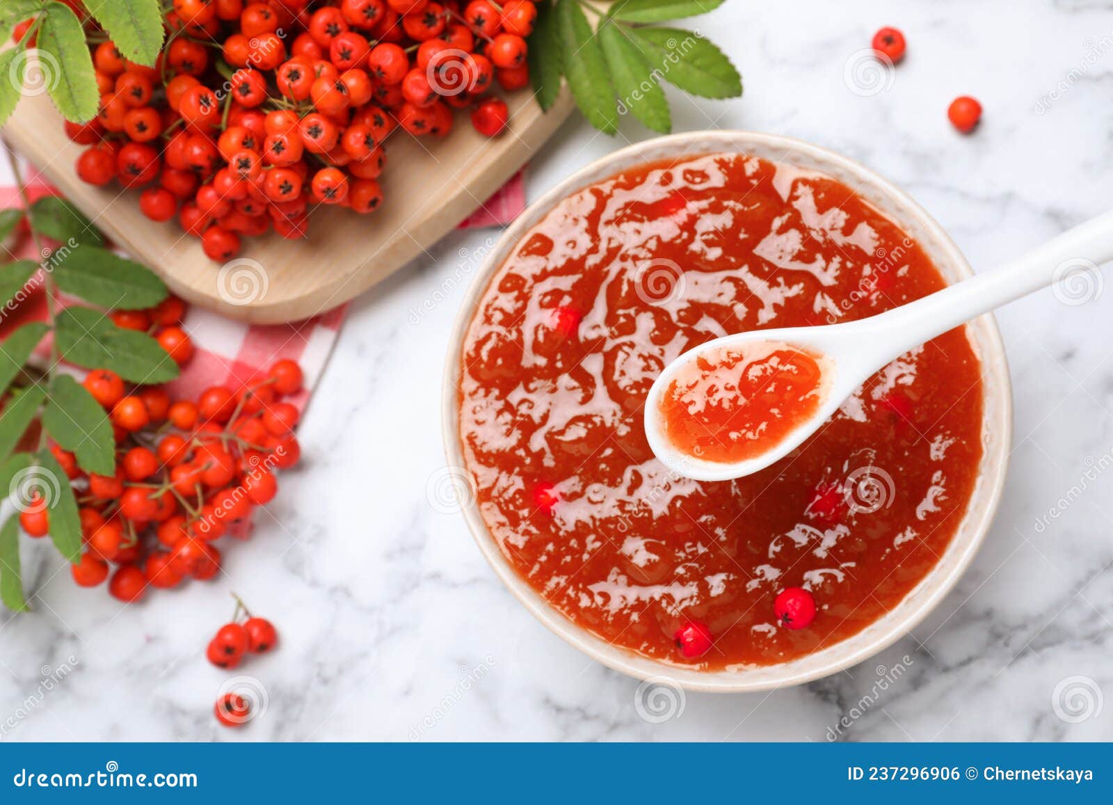 Flat Lay Composition with Delicious Rowan Jam and Berries on White ...