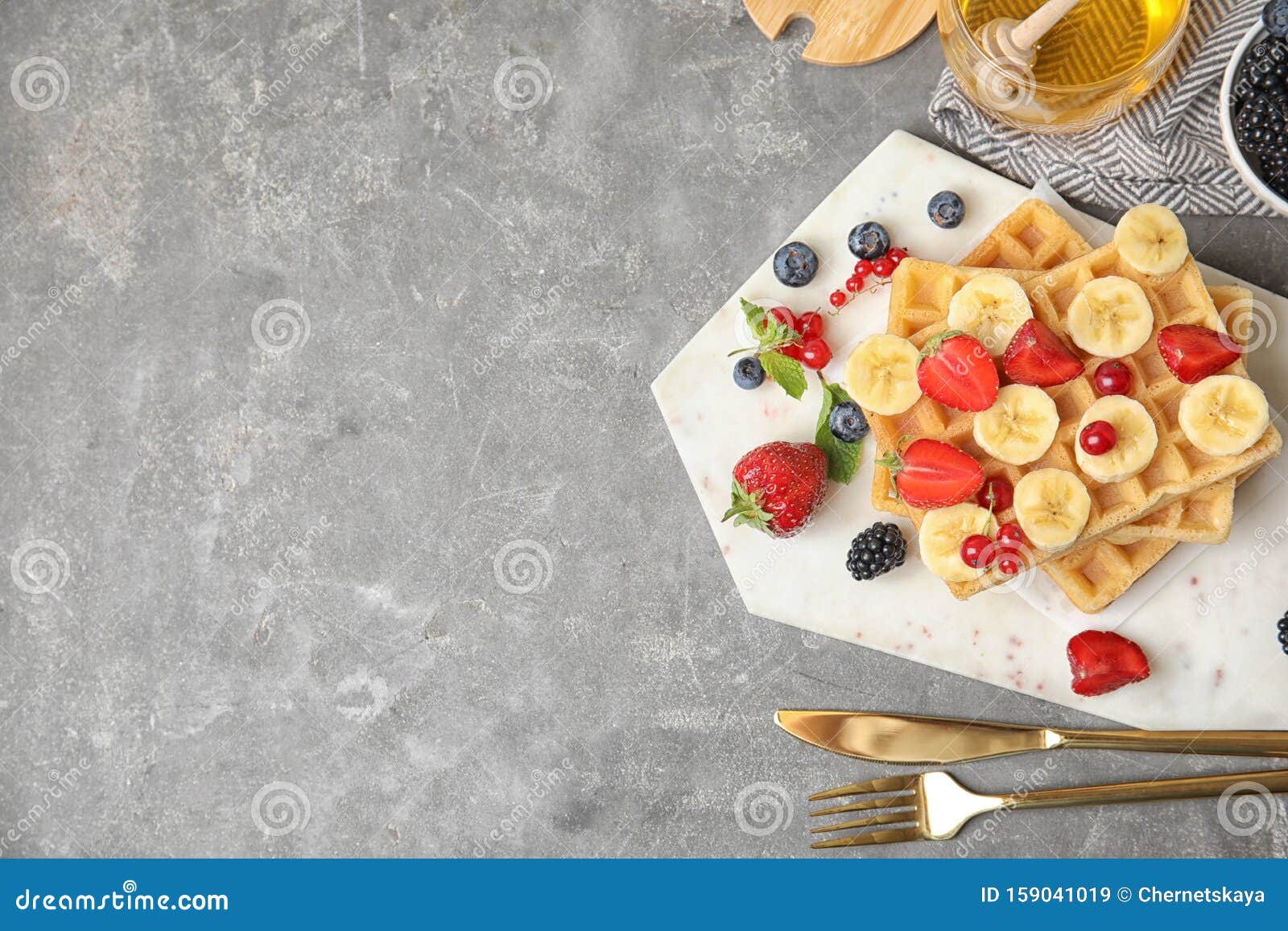 Flat Lay Composition with Delicious Waffles and Fresh Berries on Grey ...