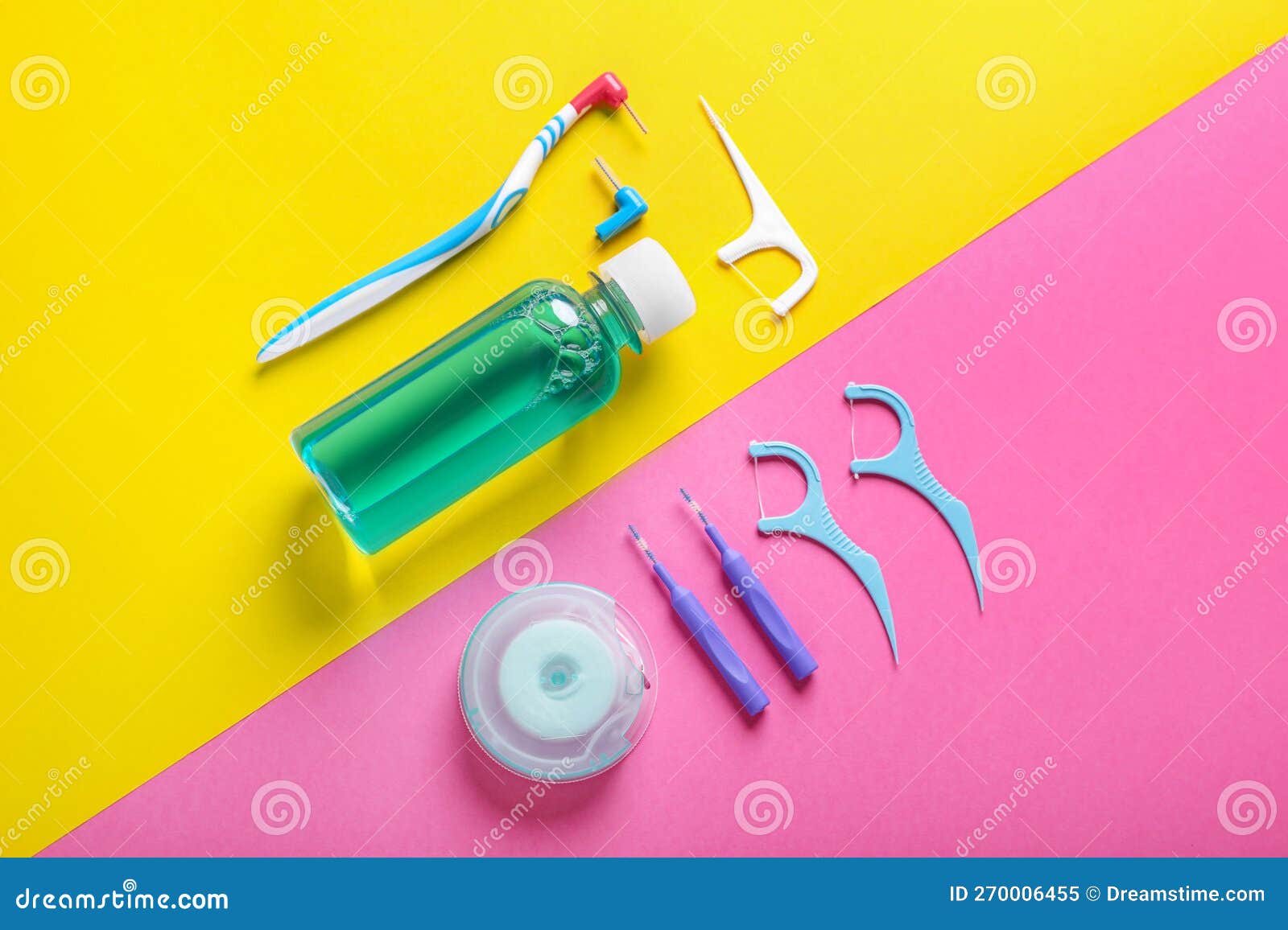Flat Lay Composition with Dental Floss and Different Teeth Care ...