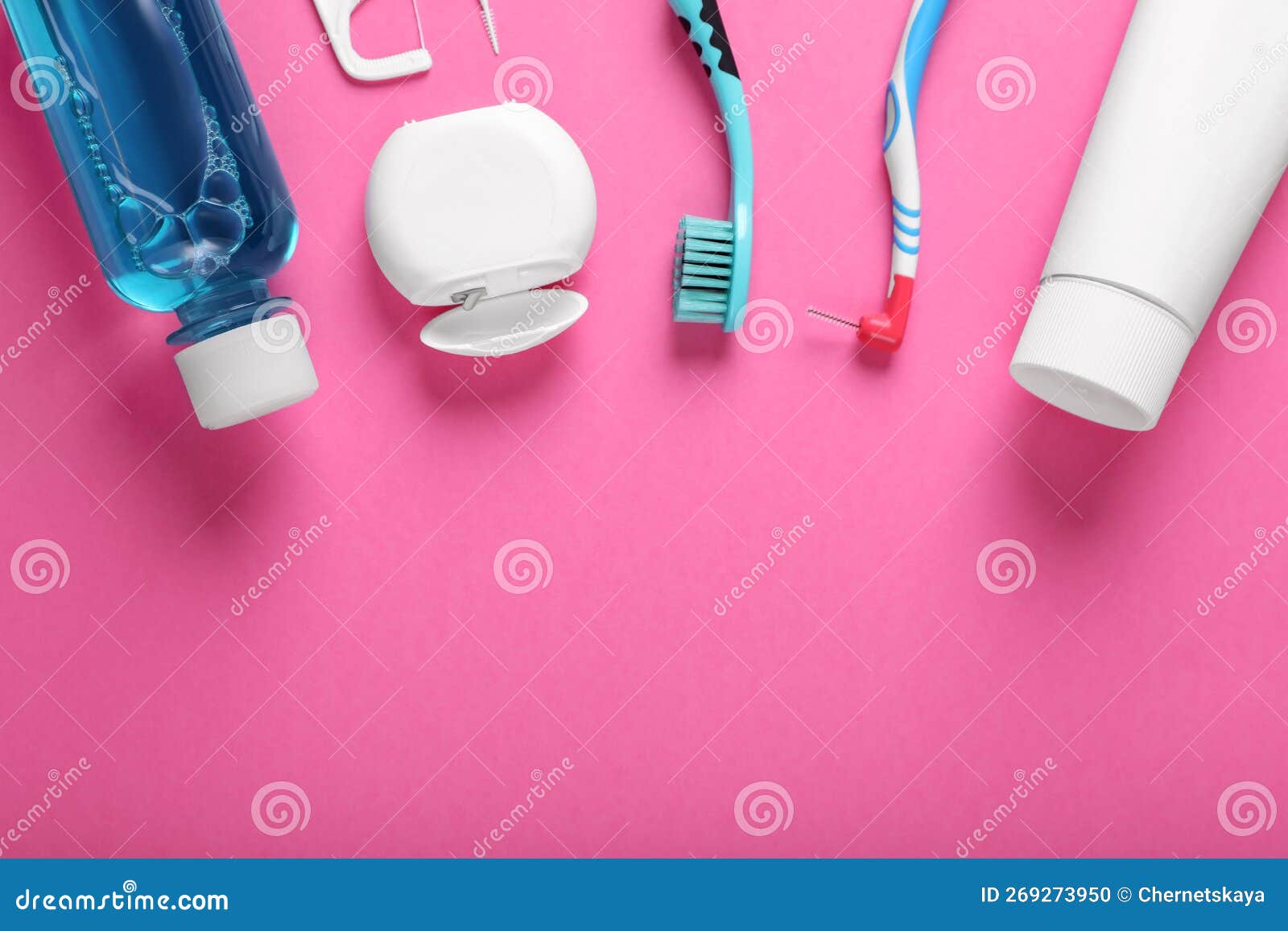 Flat Lay Composition with Dental Floss and Different Teeth Care ...