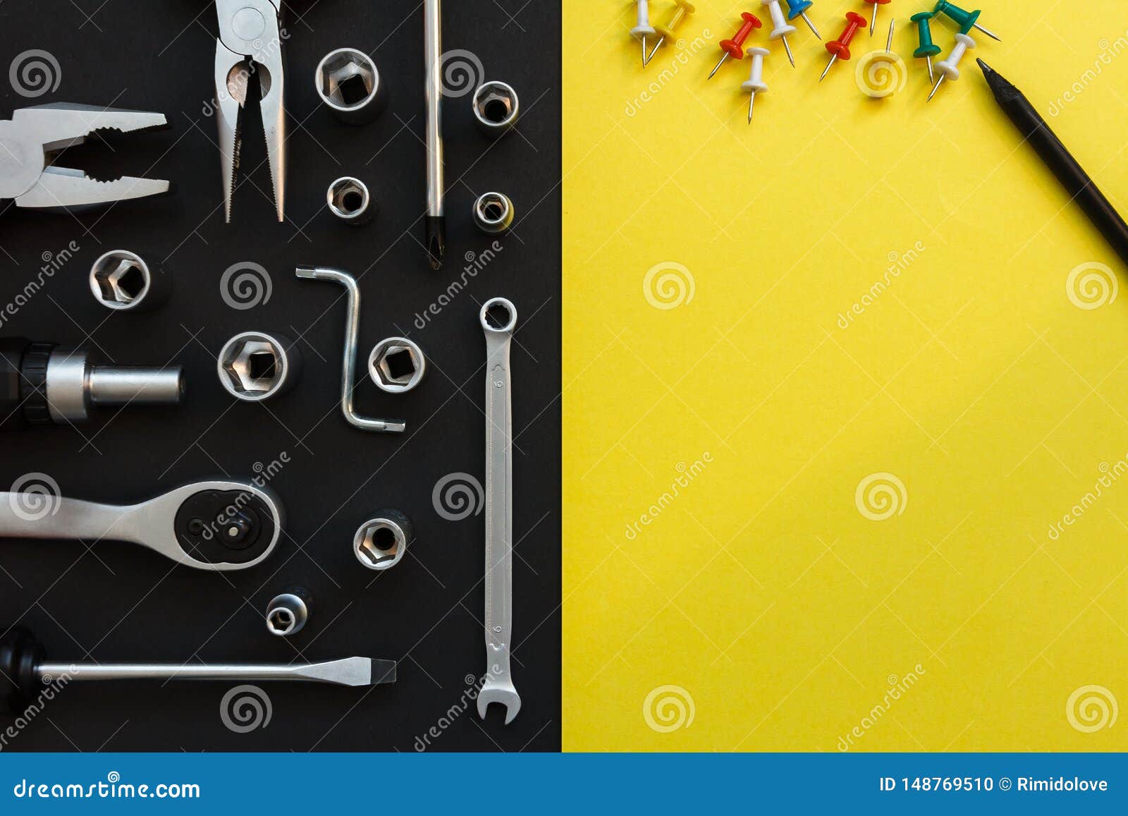 Flat Lay Composition with Different Construction Tools on Black and ...