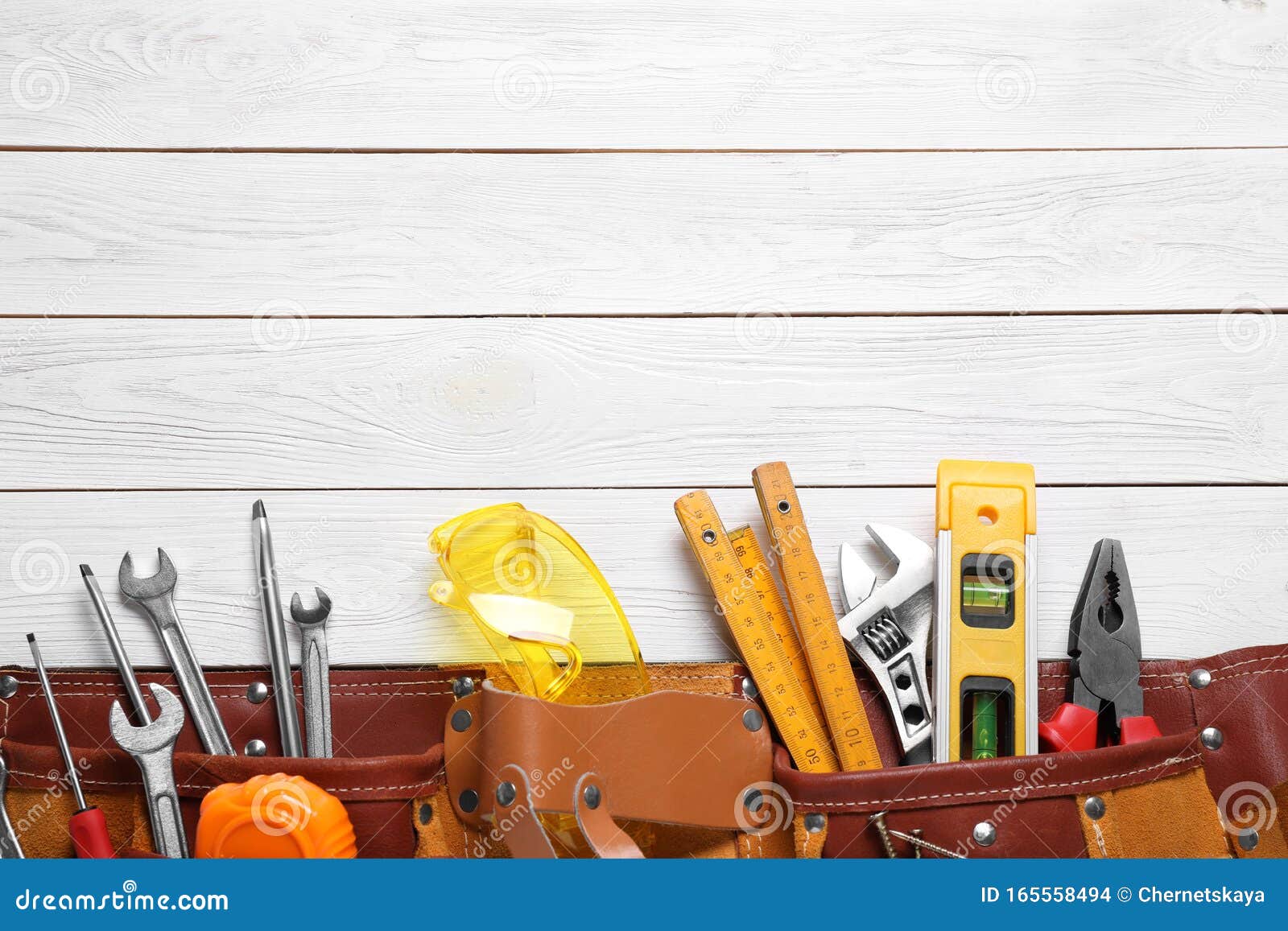 Flat Lay Composition with Different Construction Tools on White Wooden ...