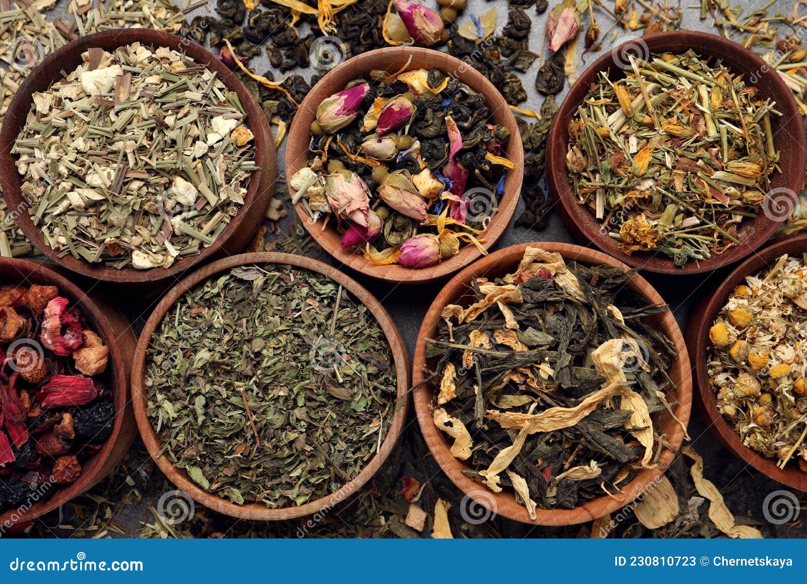 Flat Lay Composition with Different Dry Teas on Grey Table Stock Image ...