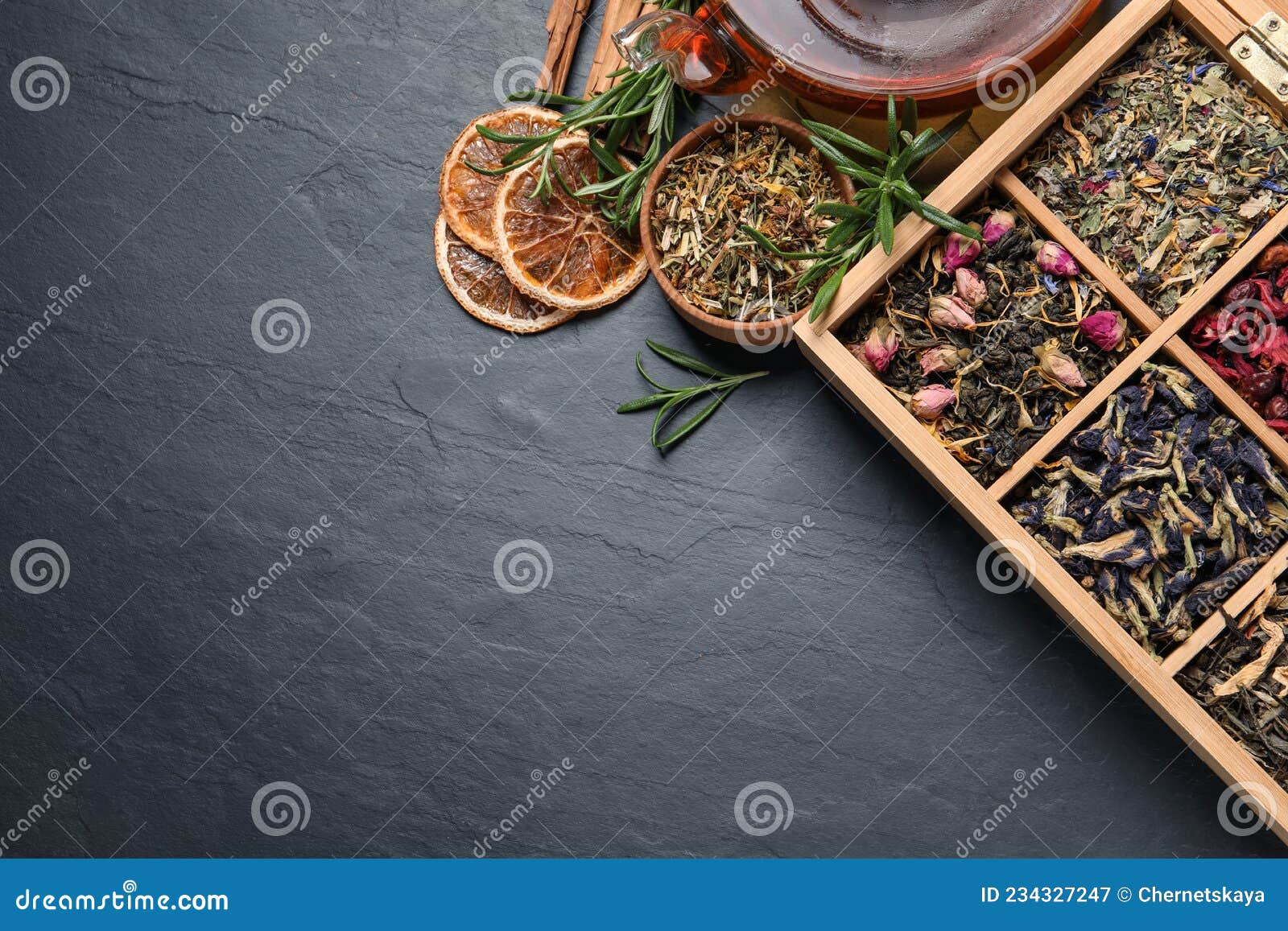 Flat Lay Composition with Different Dry Teas and Hot Drink on Black ...