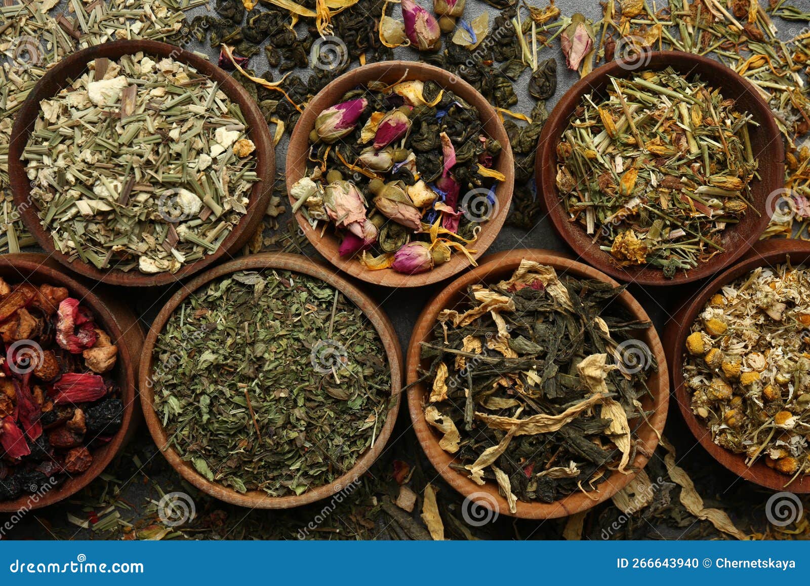 Flat Lay Composition with Different Dry Teas on Table Stock Photo ...