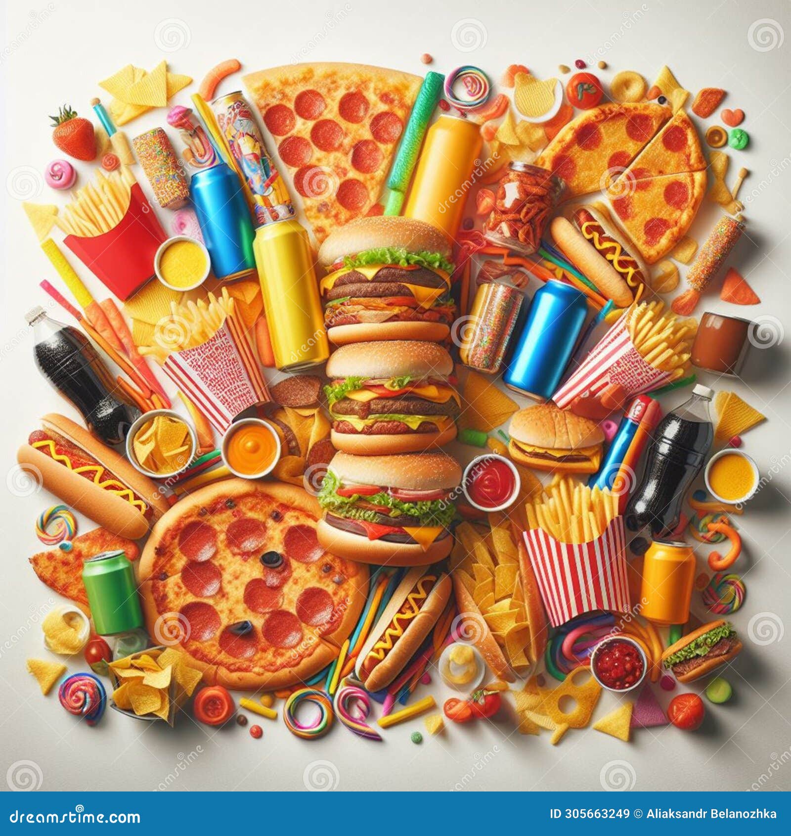 Flat Lay Composition with Different Fast Food Products on White ...