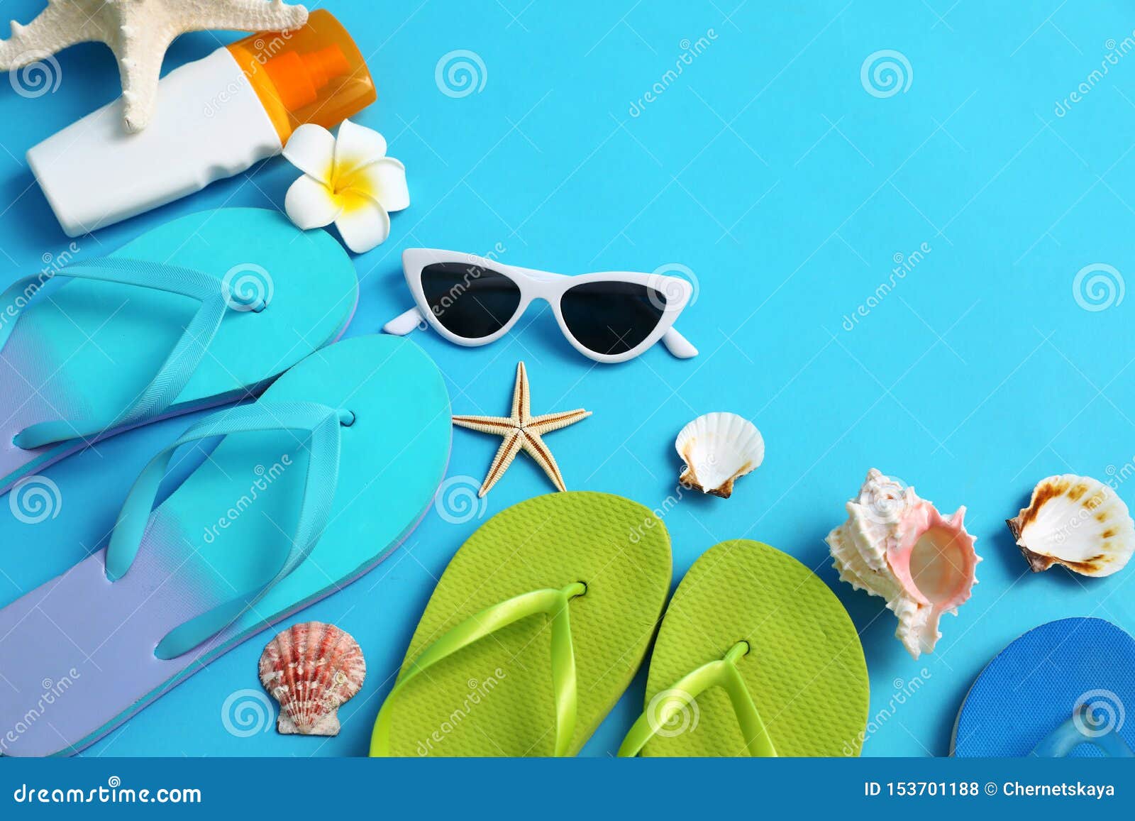 Flat Lay Composition with Different Flip Flops on Blue Background ...