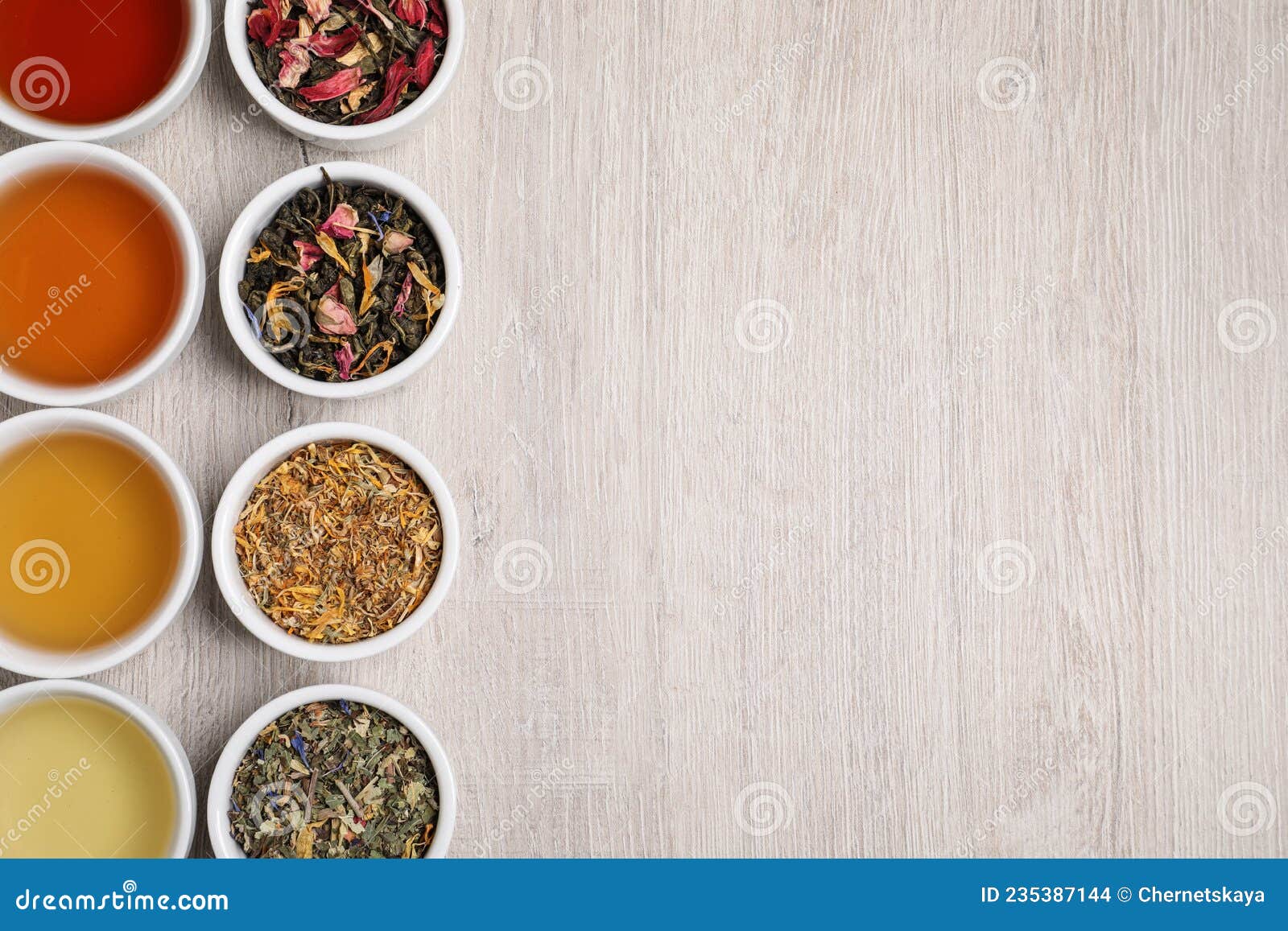 Flat Lay Composition with Different Freshly Brewed Teas and Dry Leaves ...