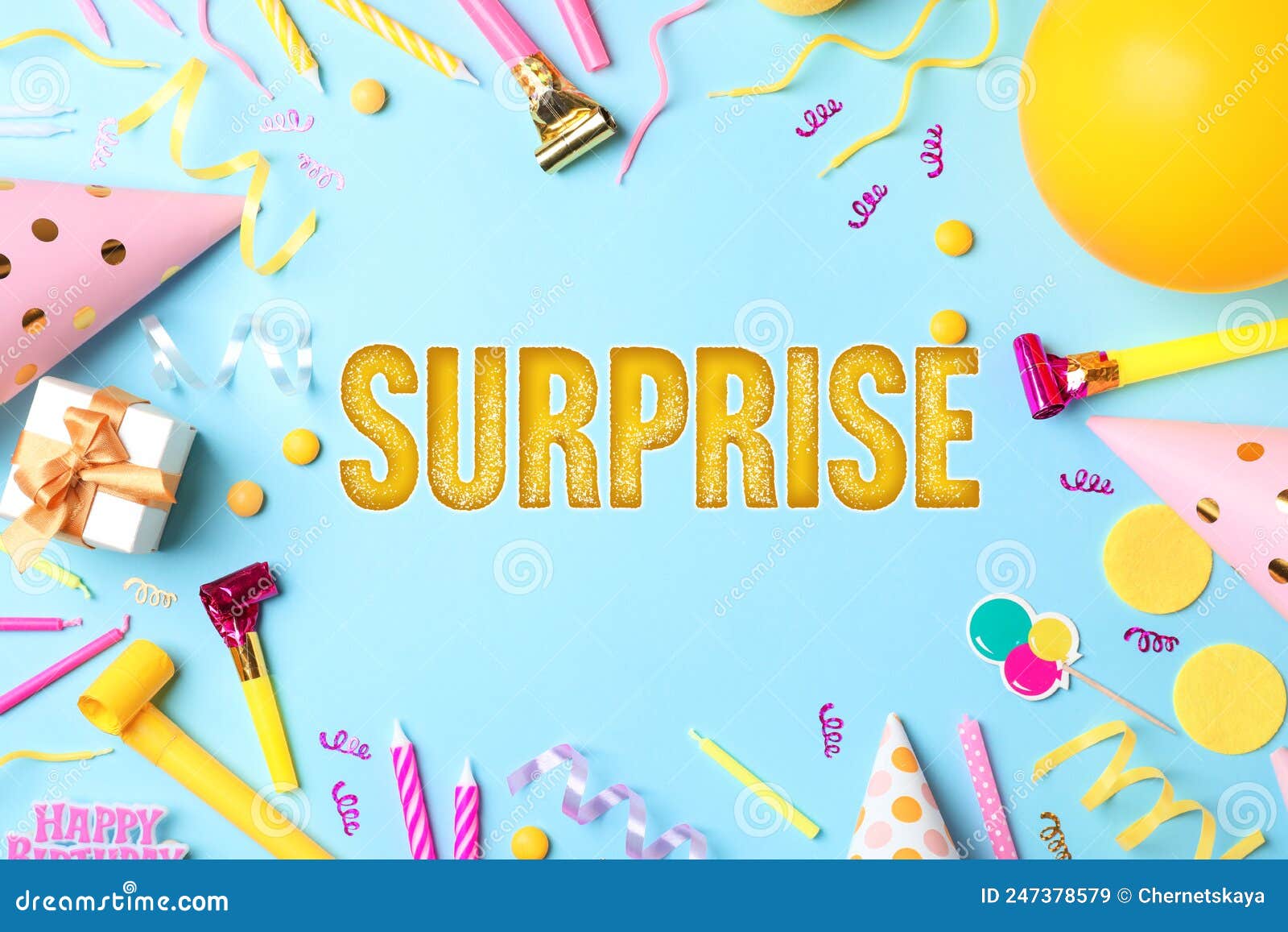 Flat Lay Composition with Different Items for Surprise Party on Light ...