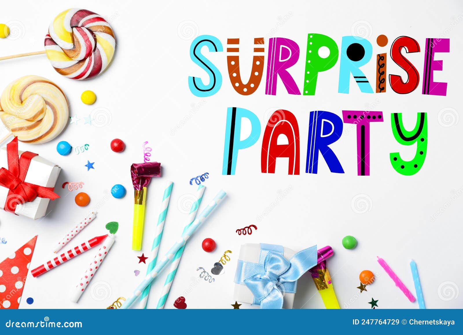 Flat Lay Composition with Different Items for Surprise Party on White ...