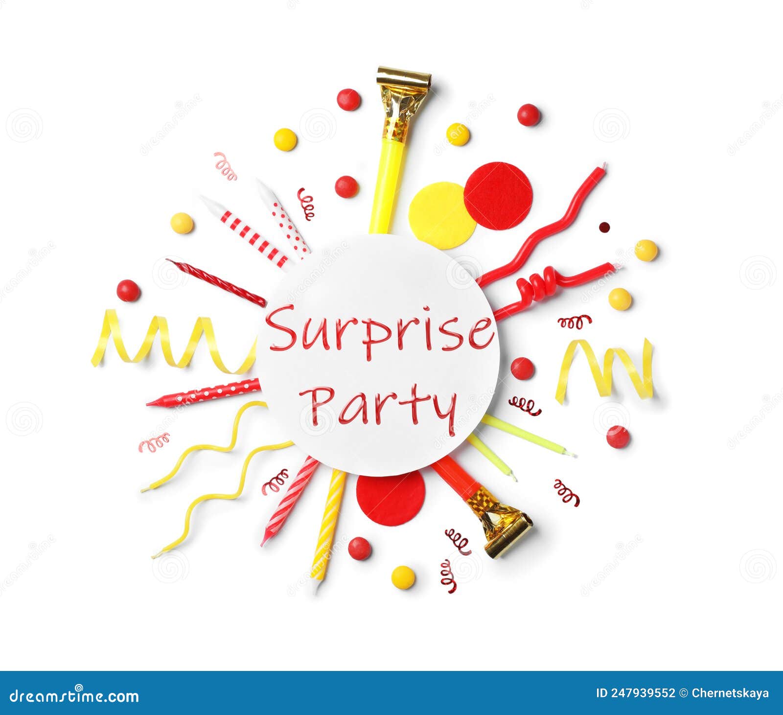 Flat Lay Composition with Different Items for Surprise Party on White ...