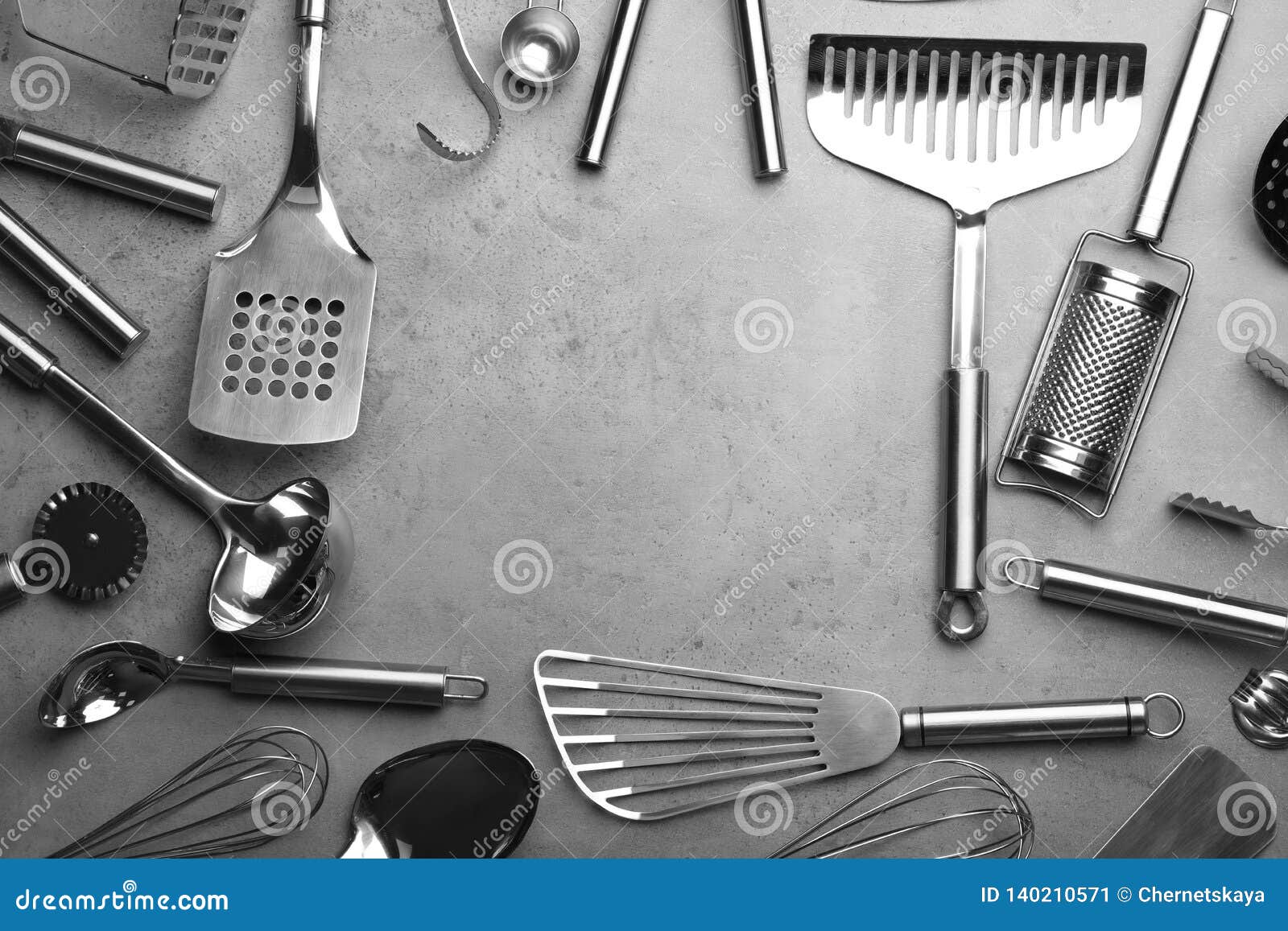 Flat Lay Composition With Different Kitchen Utensils On Grey Background ...