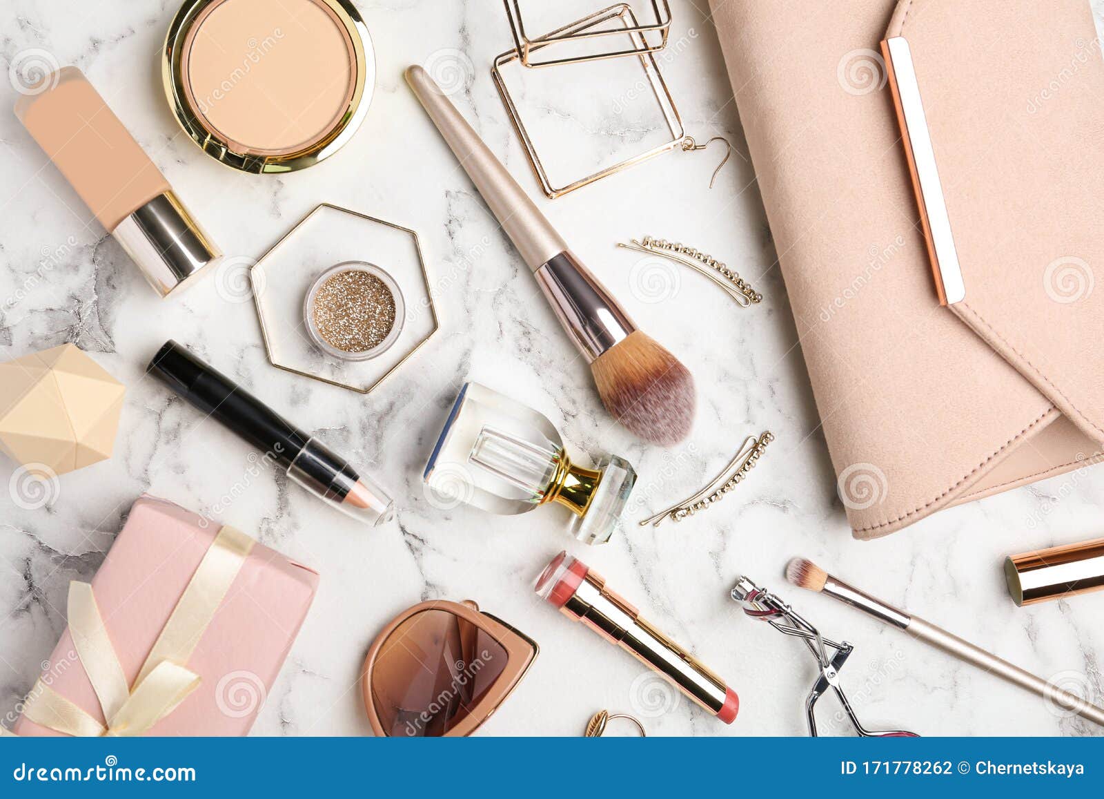 Flat Lay Composition with Luxury Makeup Products and Accessories on ...