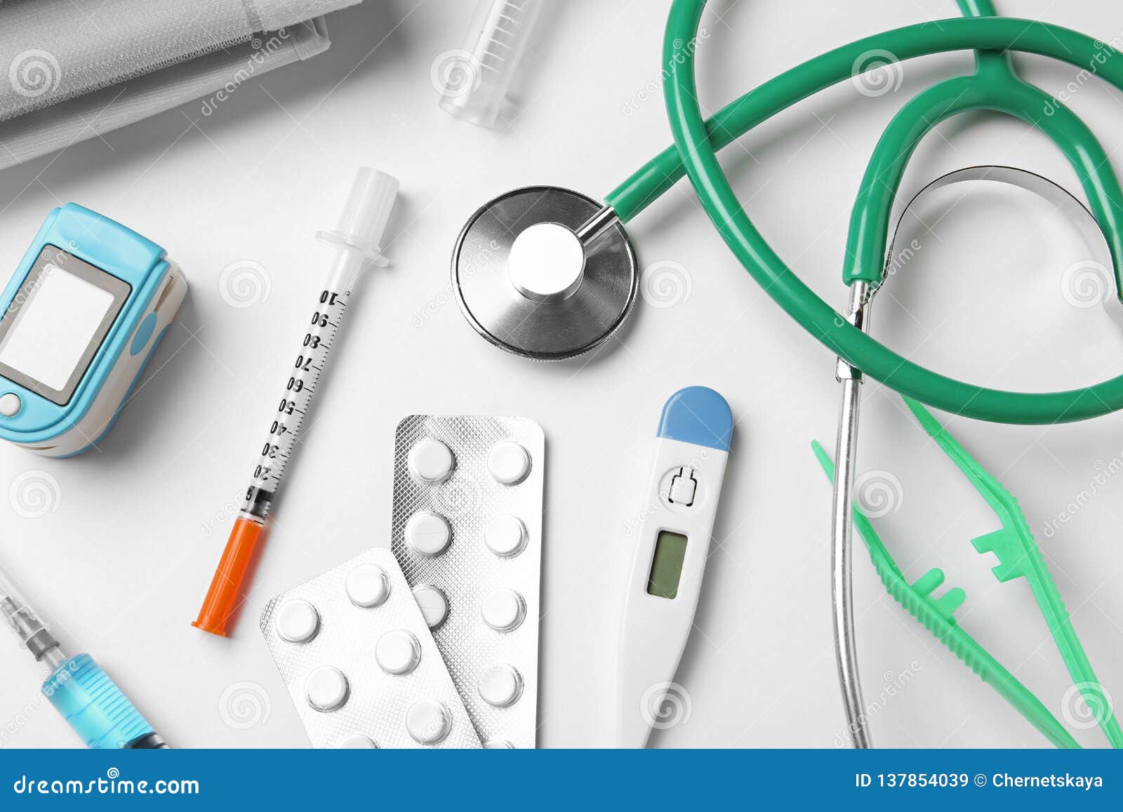 Flat Lay Composition with Different Medical Objects on White Stock ...