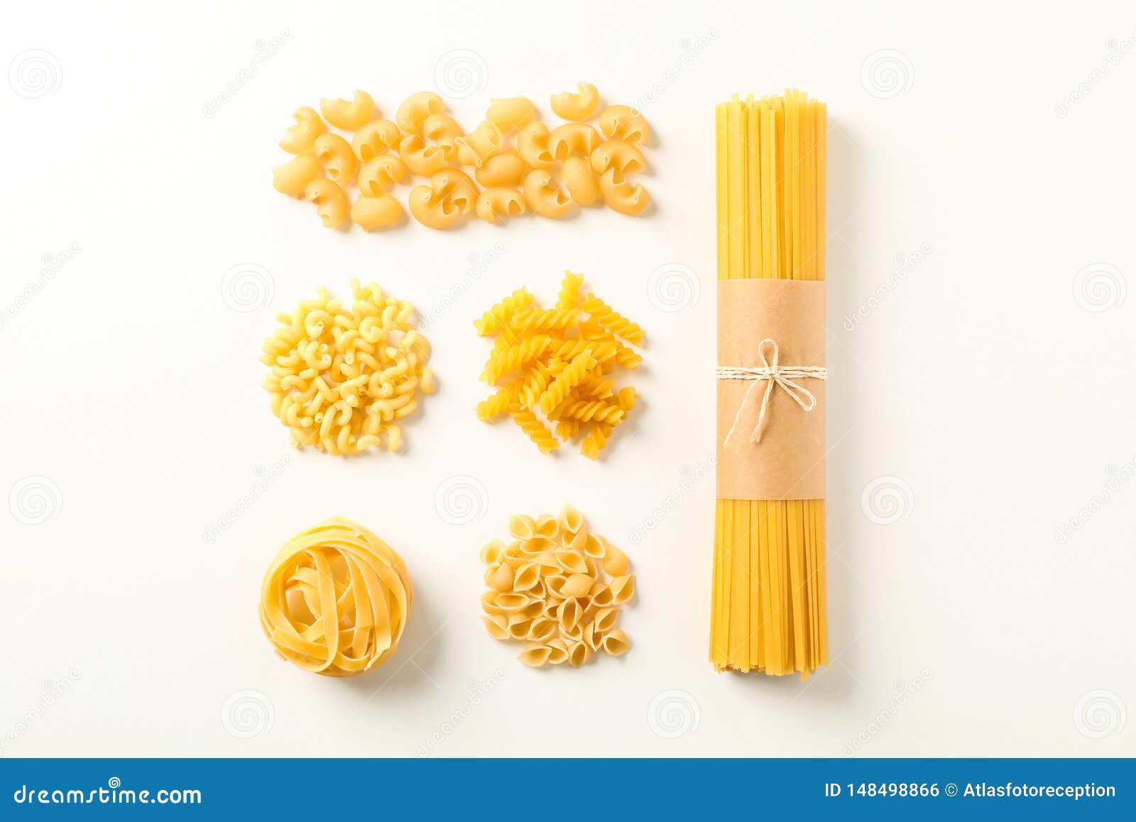 Flat Lay Composition with Different Pasta on White Background Stock ...