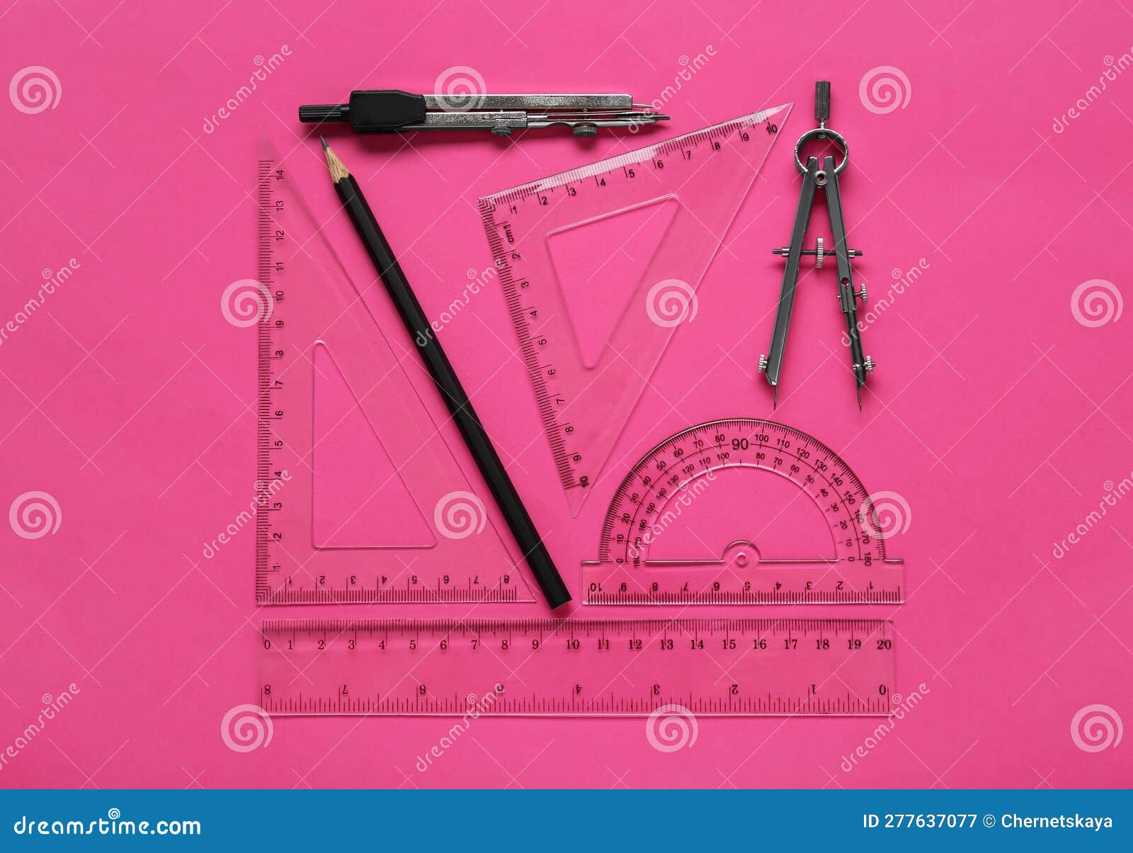 Flat Lay Composition with Different Rulers and Compass on Pink ...