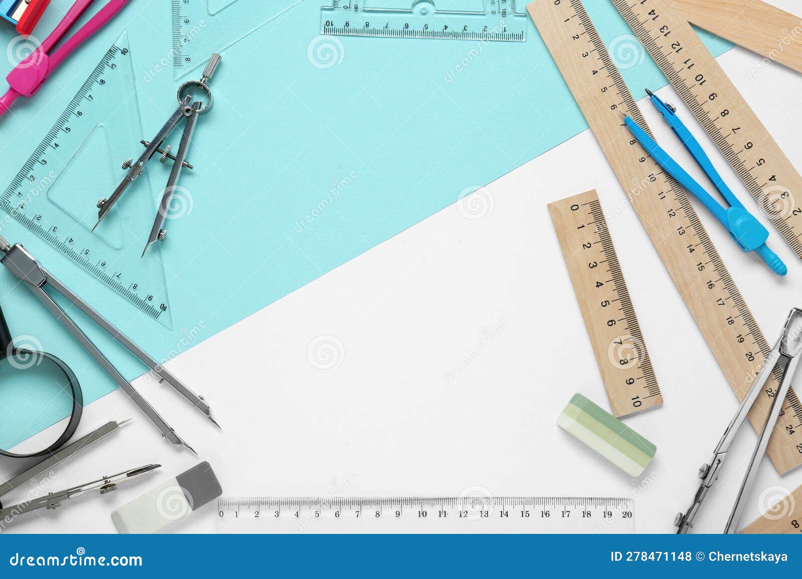 Flat Lay Composition with Different Rulers and Compasses on Color ...