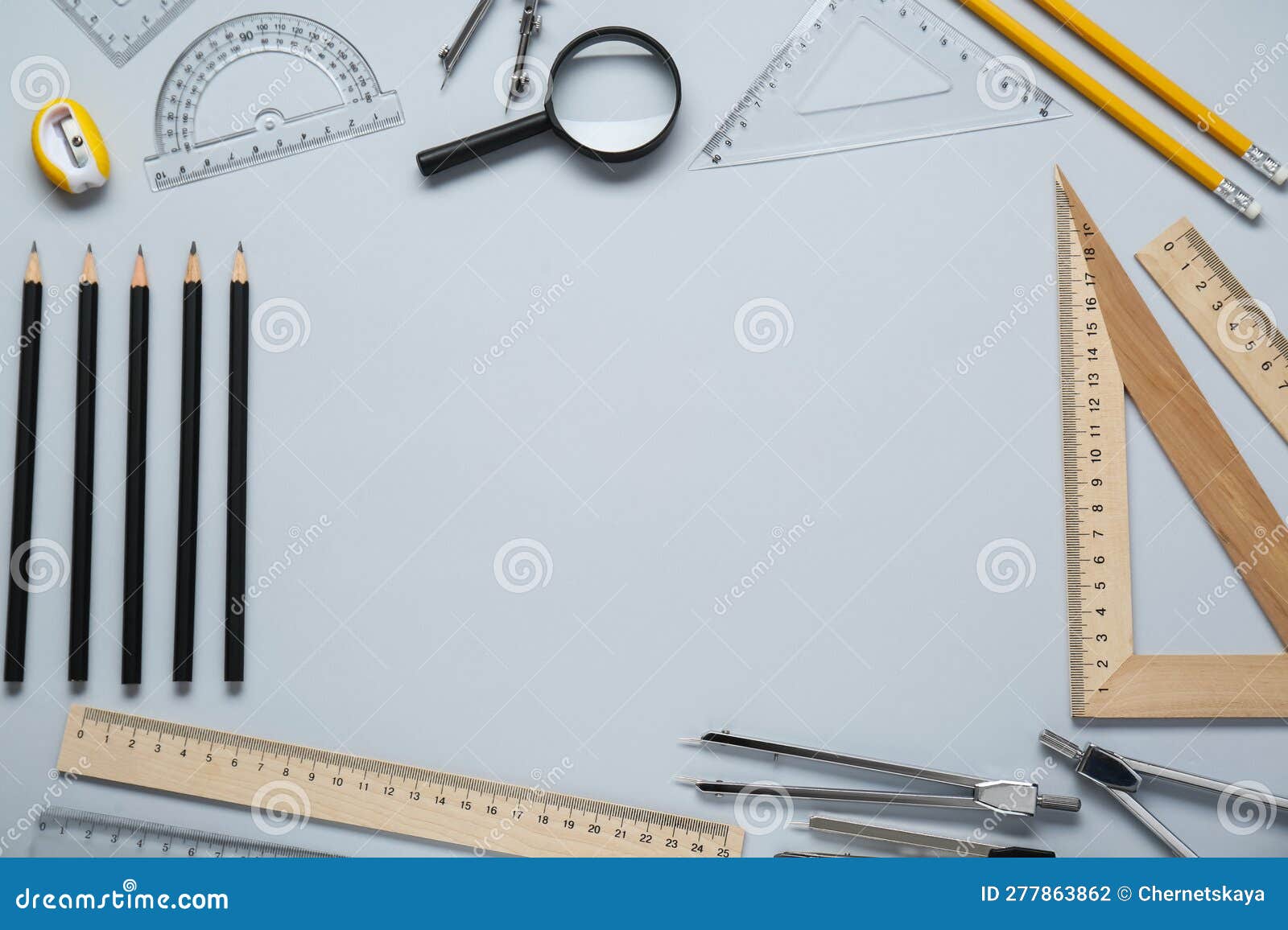 Flat Lay Composition with Different Rulers and Compasses on Light Grey ...