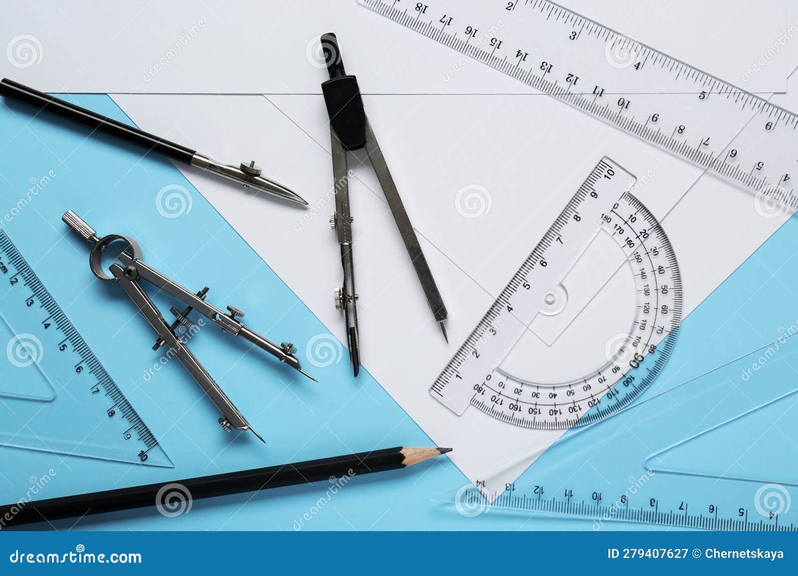 Flat Lay Composition with Different Rulers, Pencil and Compasses on ...
