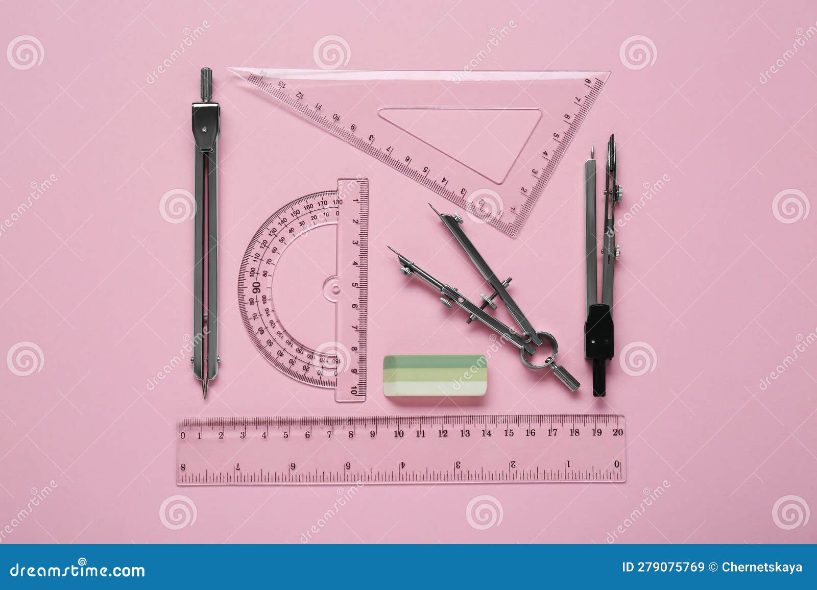 Flat Lay Composition with Different Rulers and Stationery on Pink ...