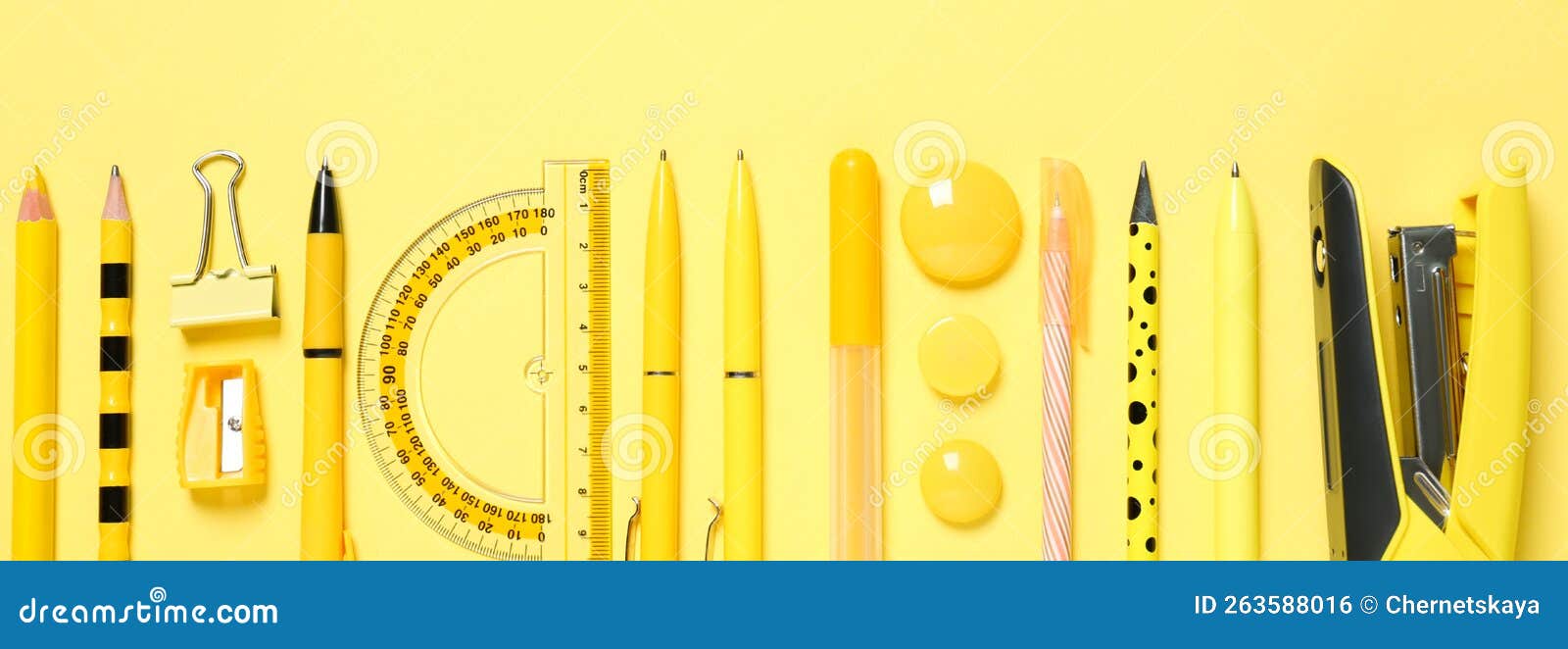 Flat Lay Composition with Different School Stationery on Yellow ...