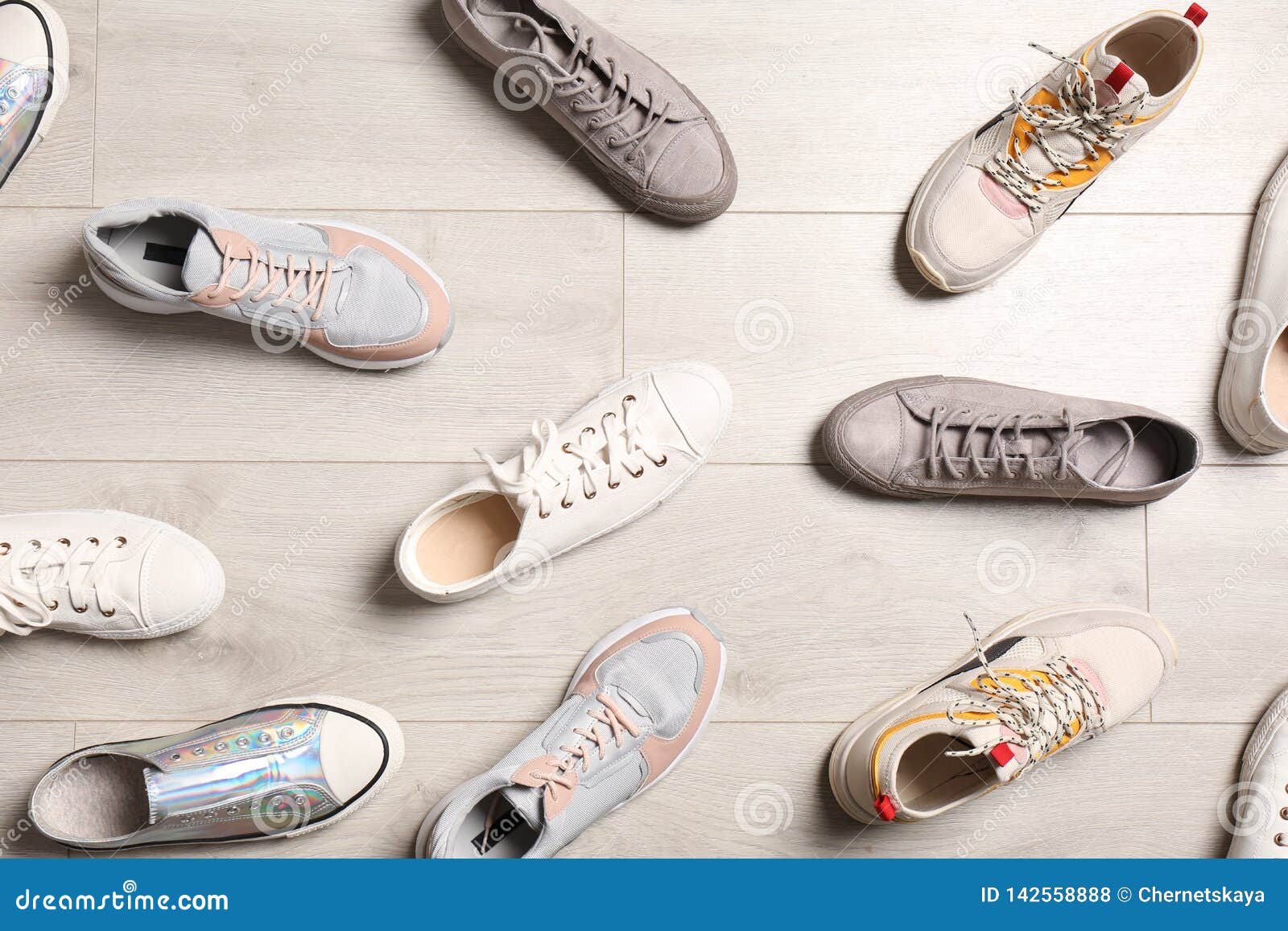 Flat Lay Composition with Different Sneakers Stock Photo - Image of ...