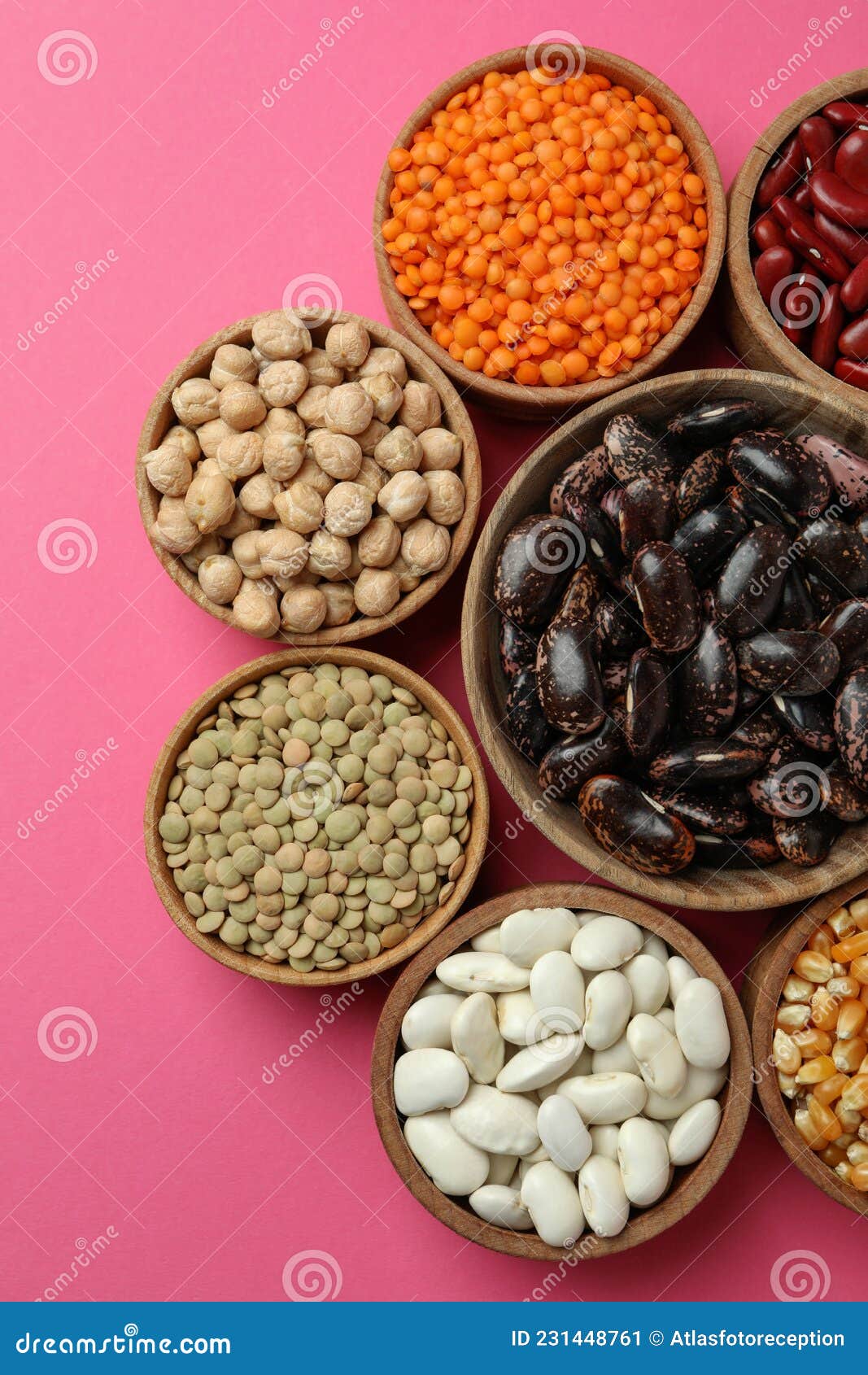 Flat Lay Composition with Different Types of Beans on Pink Background ...