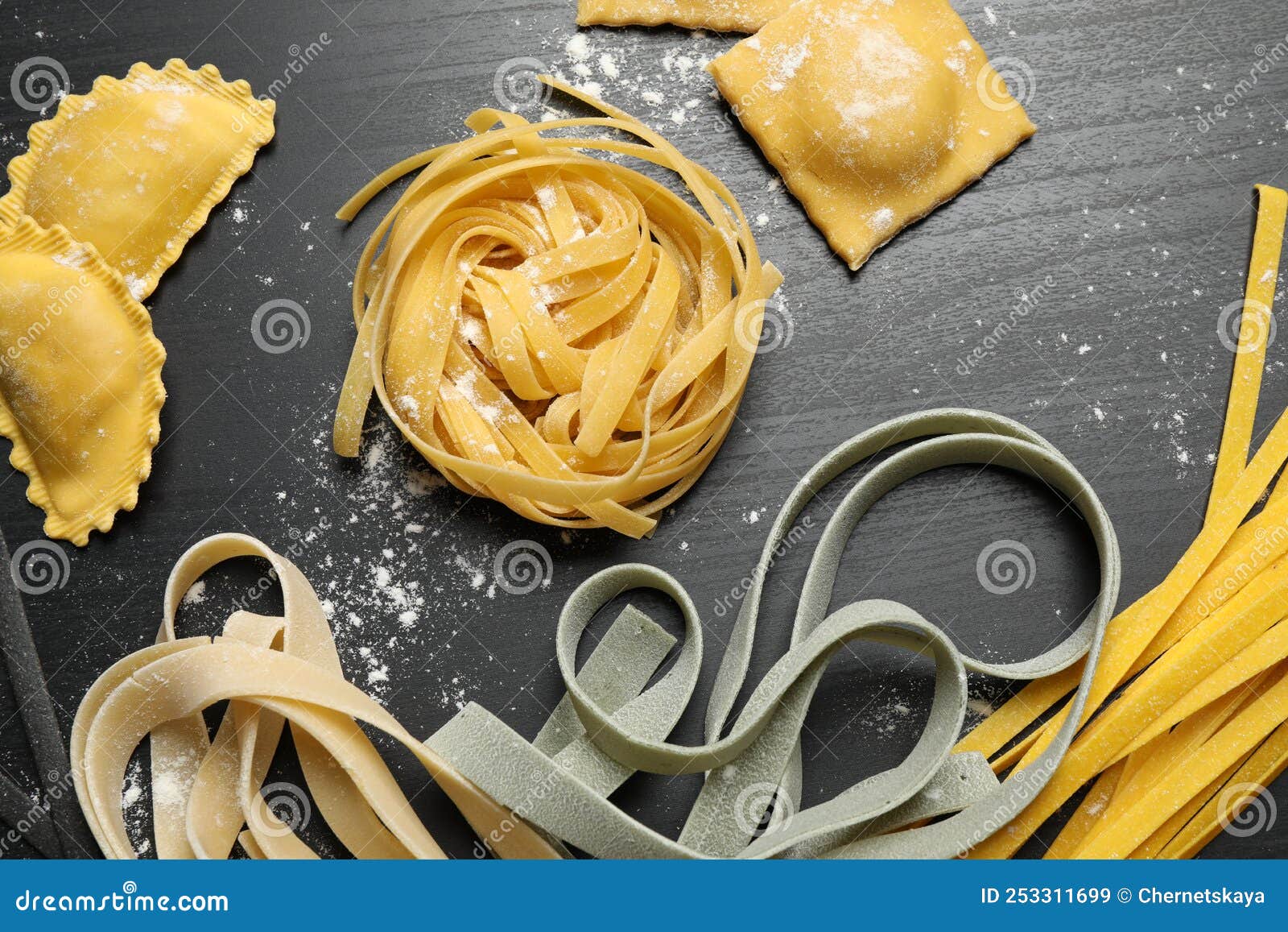 Flat Lay Composition with Different Types of Pasta on Black Wooden ...