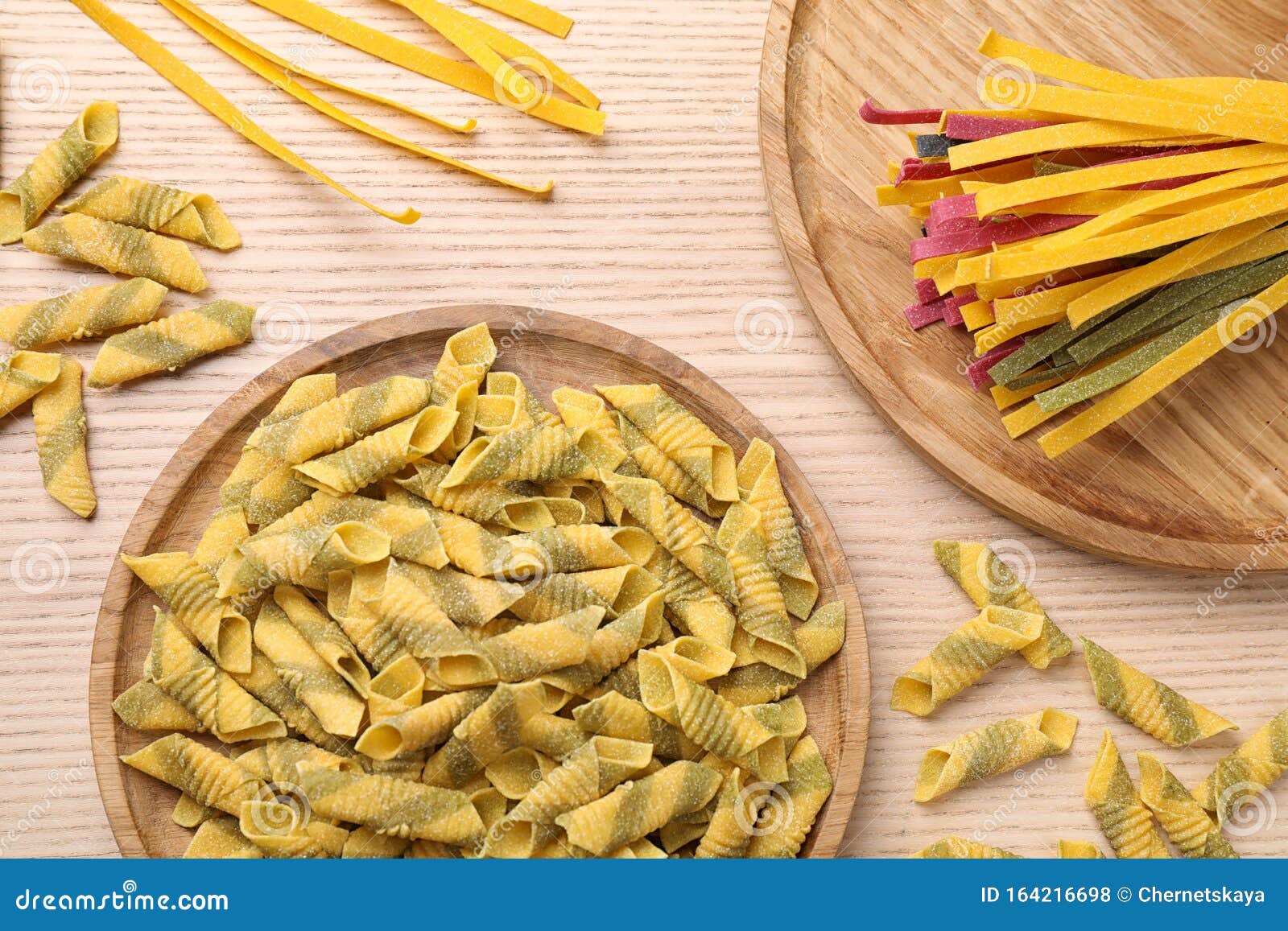 Flat Lay Composition with Different Types of Pasta on Wooden Background ...