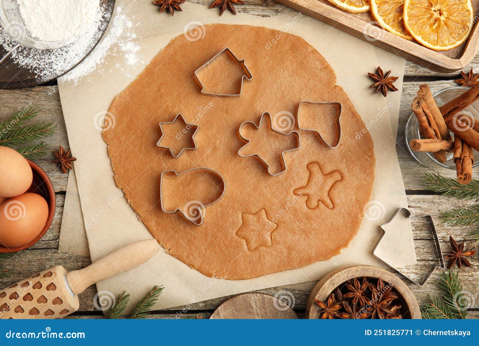 Flat Lay Composition with Dough and Cookie Cutters on Wooden Table ...