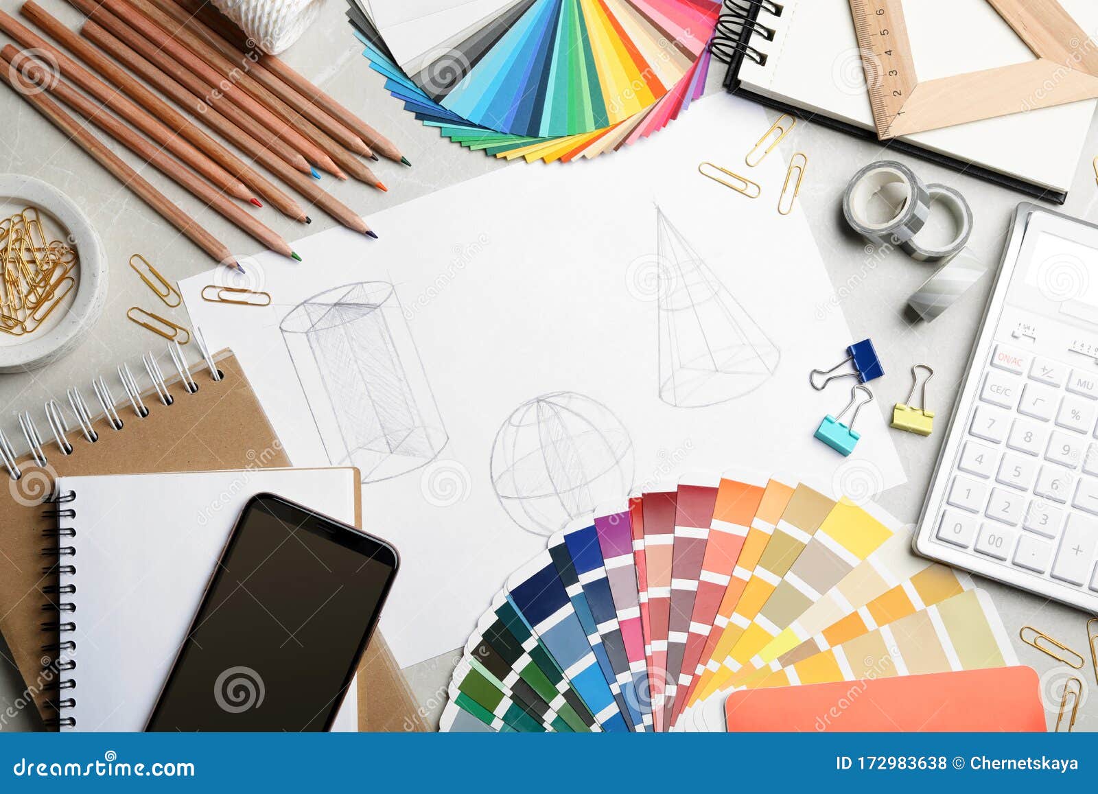 Flat Lay Composition with Drawing of Geometry Shapes on Table Stock ...