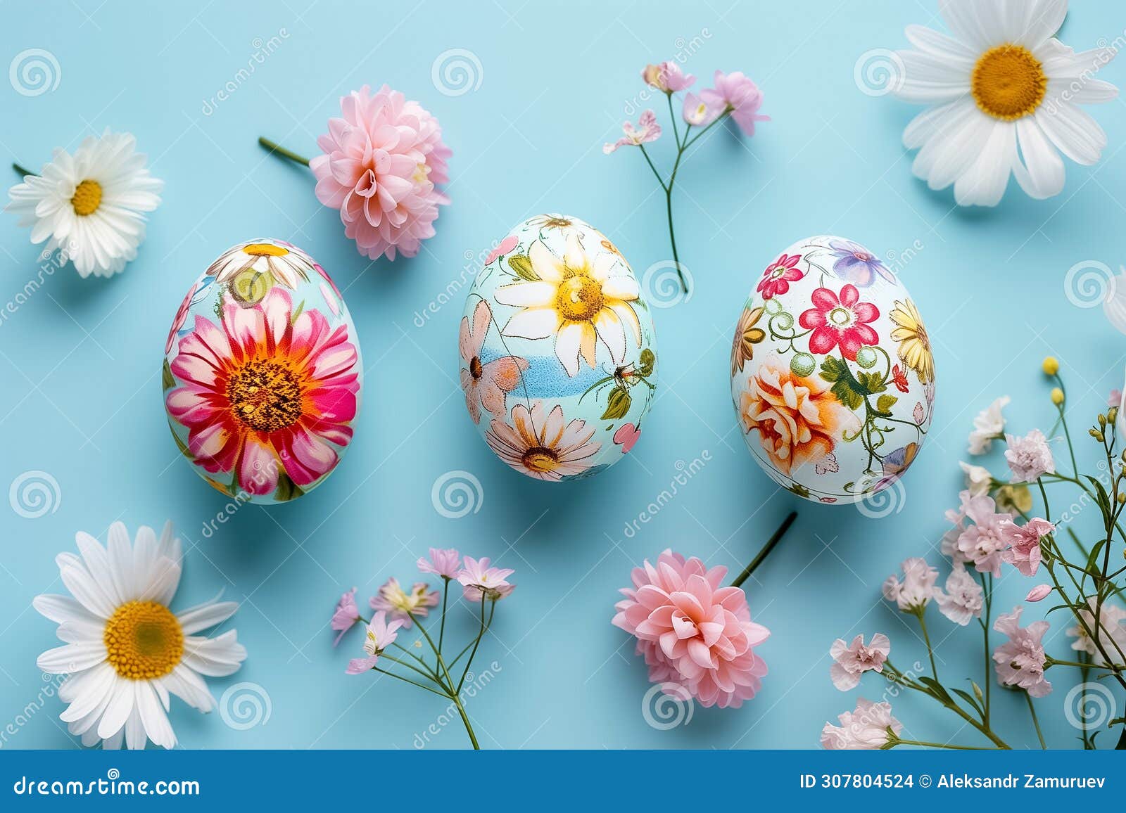 Flat Lay Composition from Easter Eggs with Flower Pattern and Spring ...