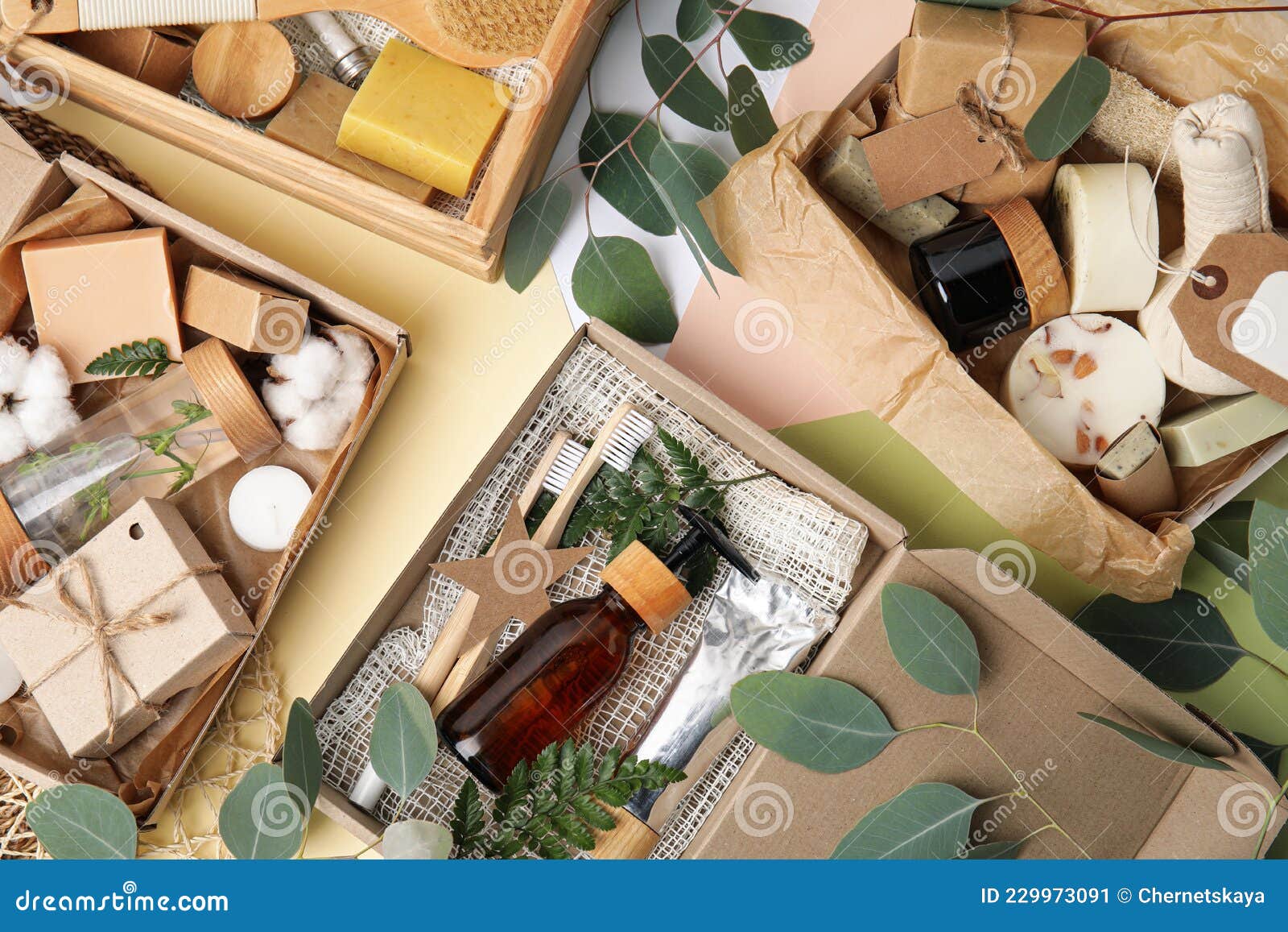Flat Lay Composition with Eco Friendly Personal Care Products on Color ...