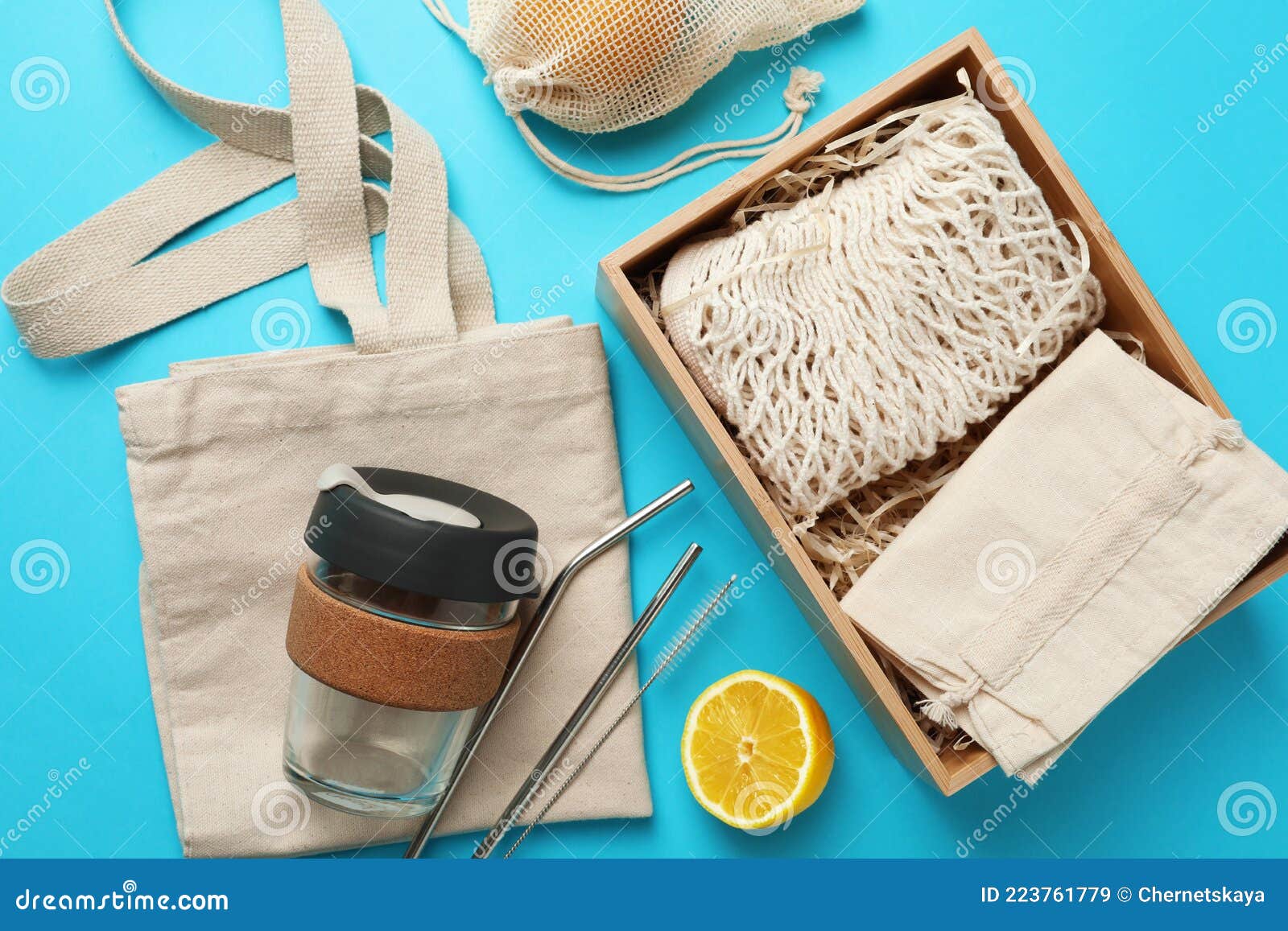 Flat Lay Composition with Eco Friendly Products on Light Blue ...