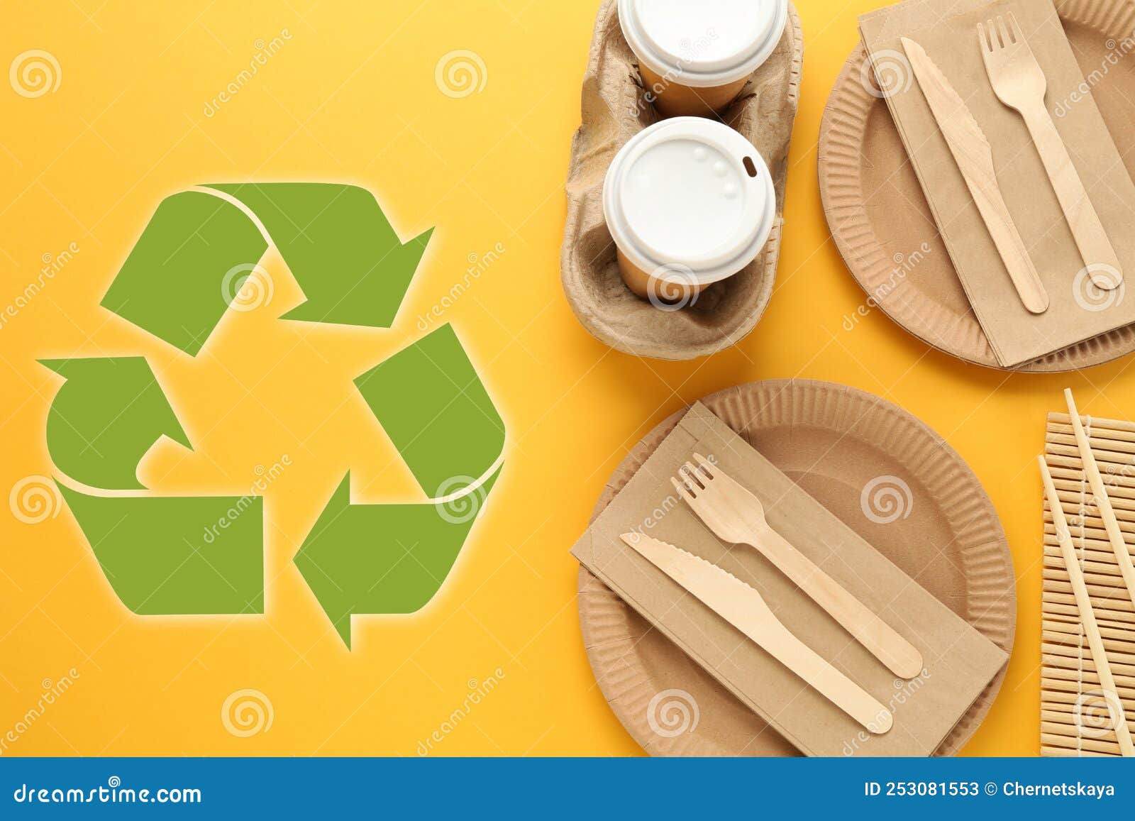 Flat Lay Composition with Eco Friendly Tableware and Recycling Symbol ...