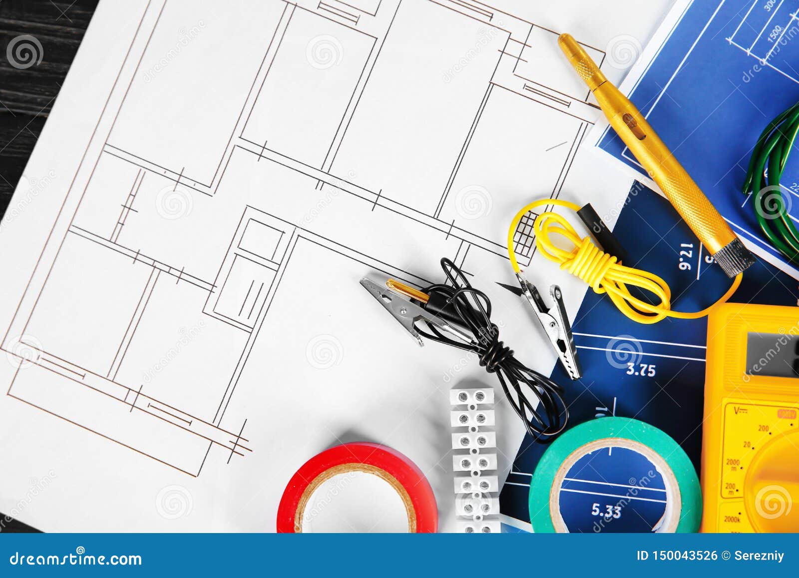 Flat Lay Composition with Electrical Tools on House Plans Stock Photo ...