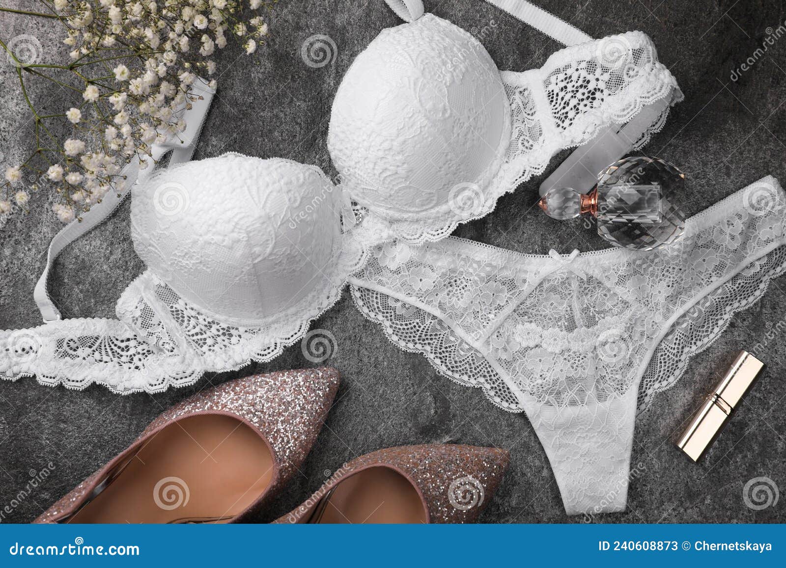 Flat Lay Composition with Elegant White Women`s Underwear on Grey ...