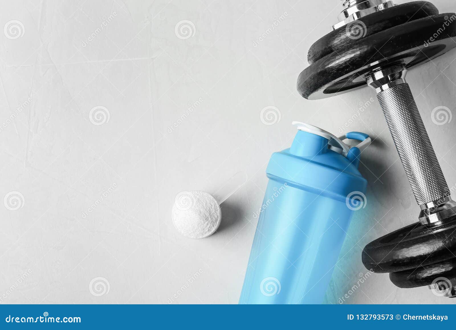 Flat Lay Composition with Empty Protein Shake Sport Bottle and Powder ...
