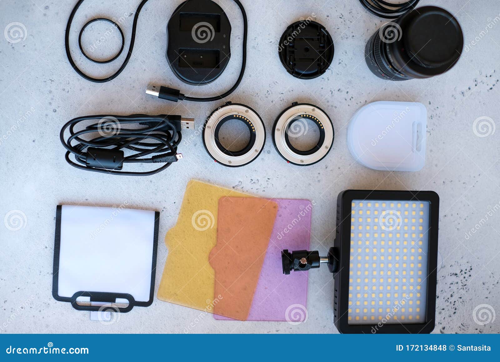 Flat Lay Composition with Equipment for Professional Photographer on ...