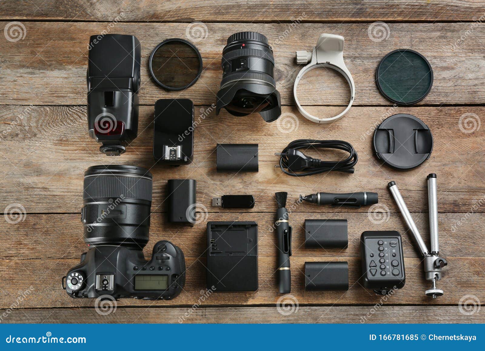 Flat Lay Composition with Equipment for Photographer on Wooden Table ...