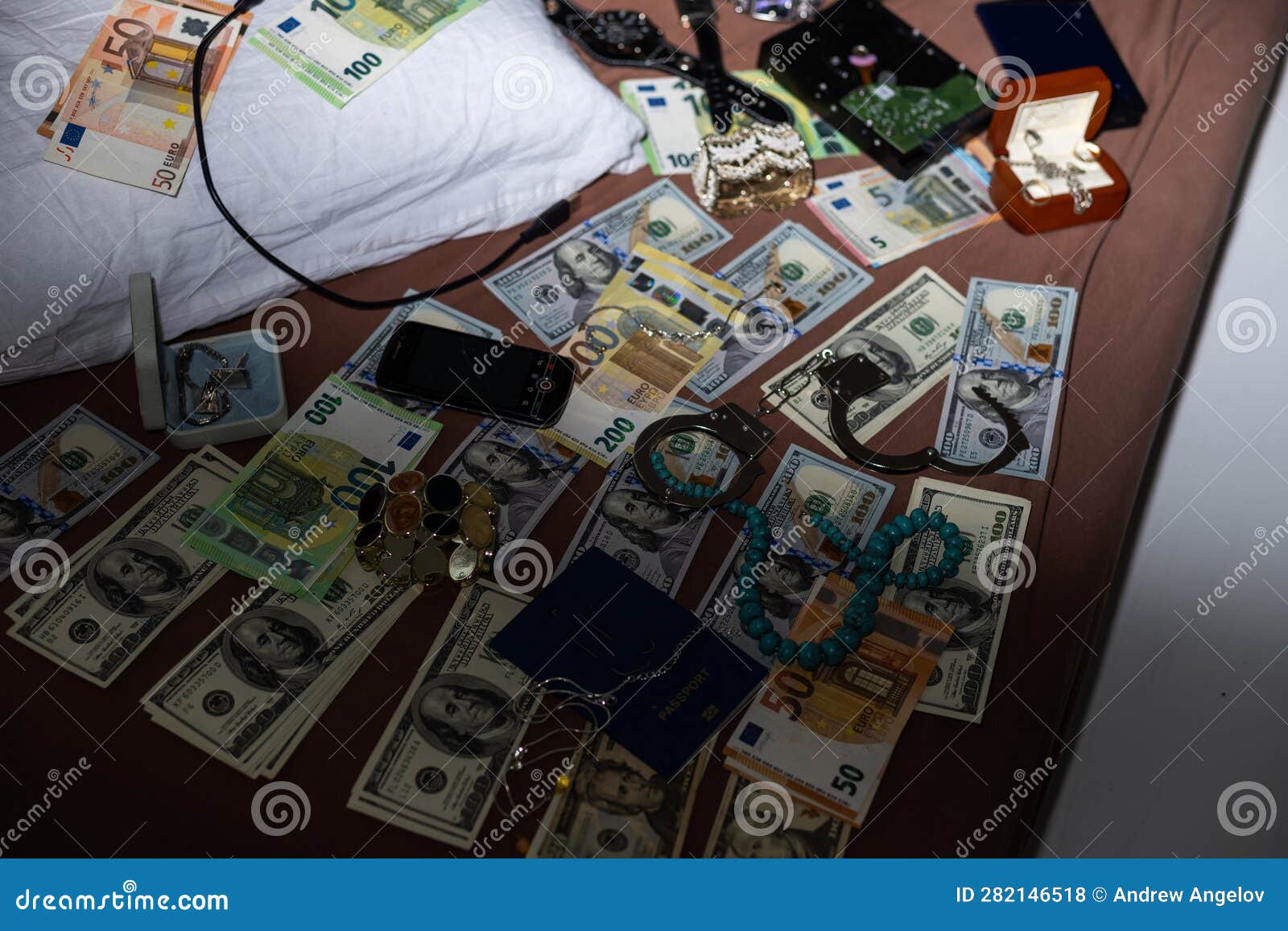 Flat Lay Composition with Evidences and Crime Scene Markers on ...