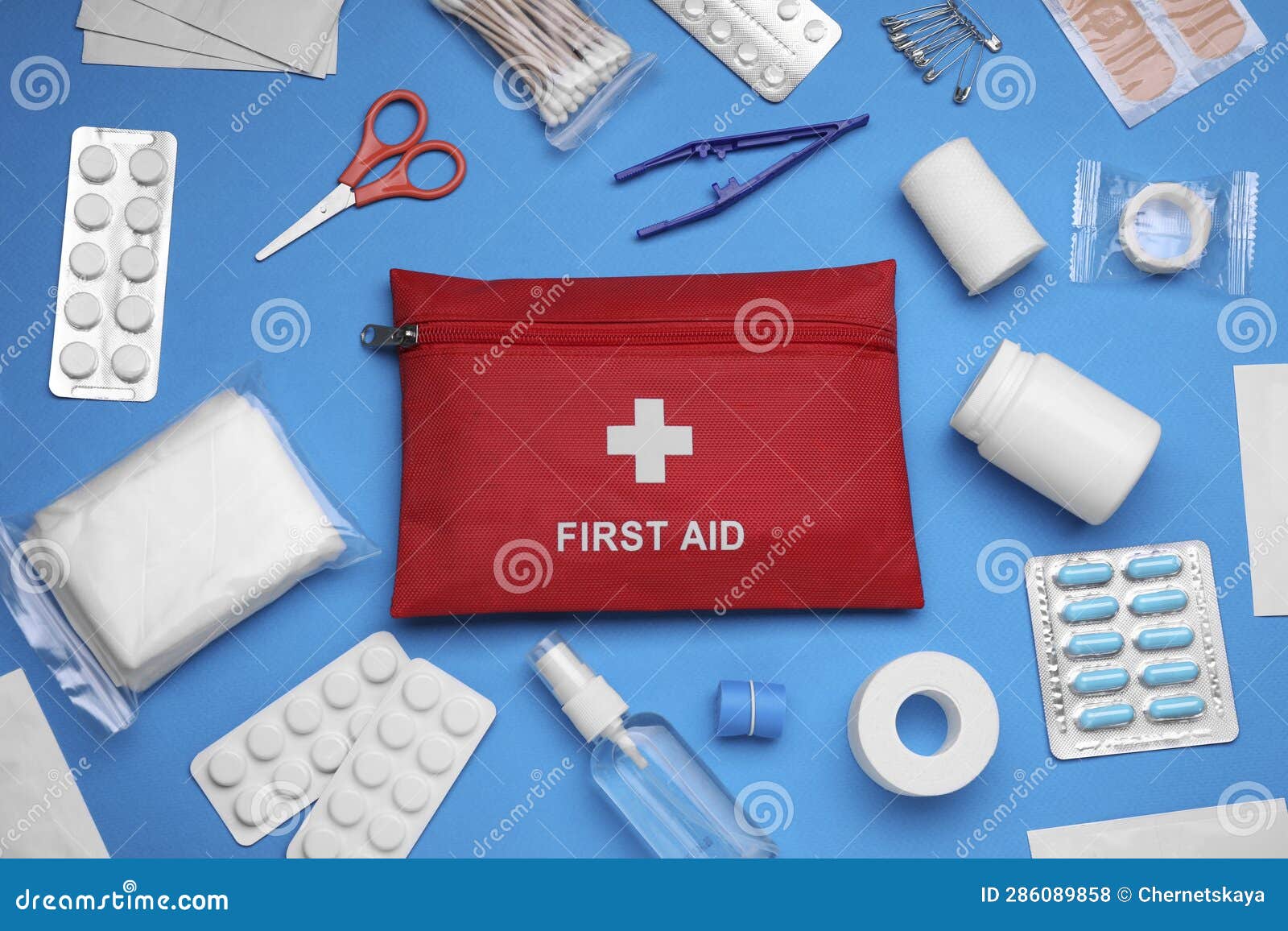 Flat Lay Composition with First Aid Kit on Light Blue Background Stock ...