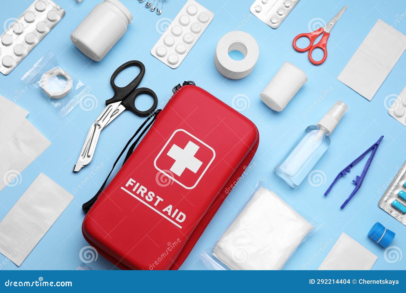 Flat Lay Composition with First Aid Kit on Light Blue Background Stock ...