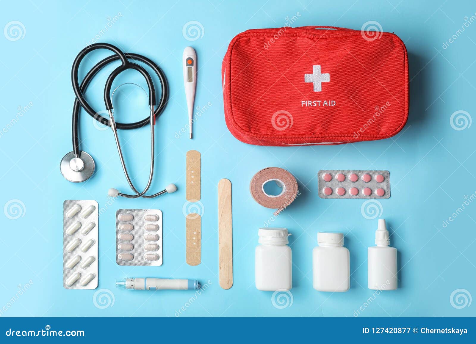 Flat Lay Composition with First Aid Kit Stock Image - Image of ...